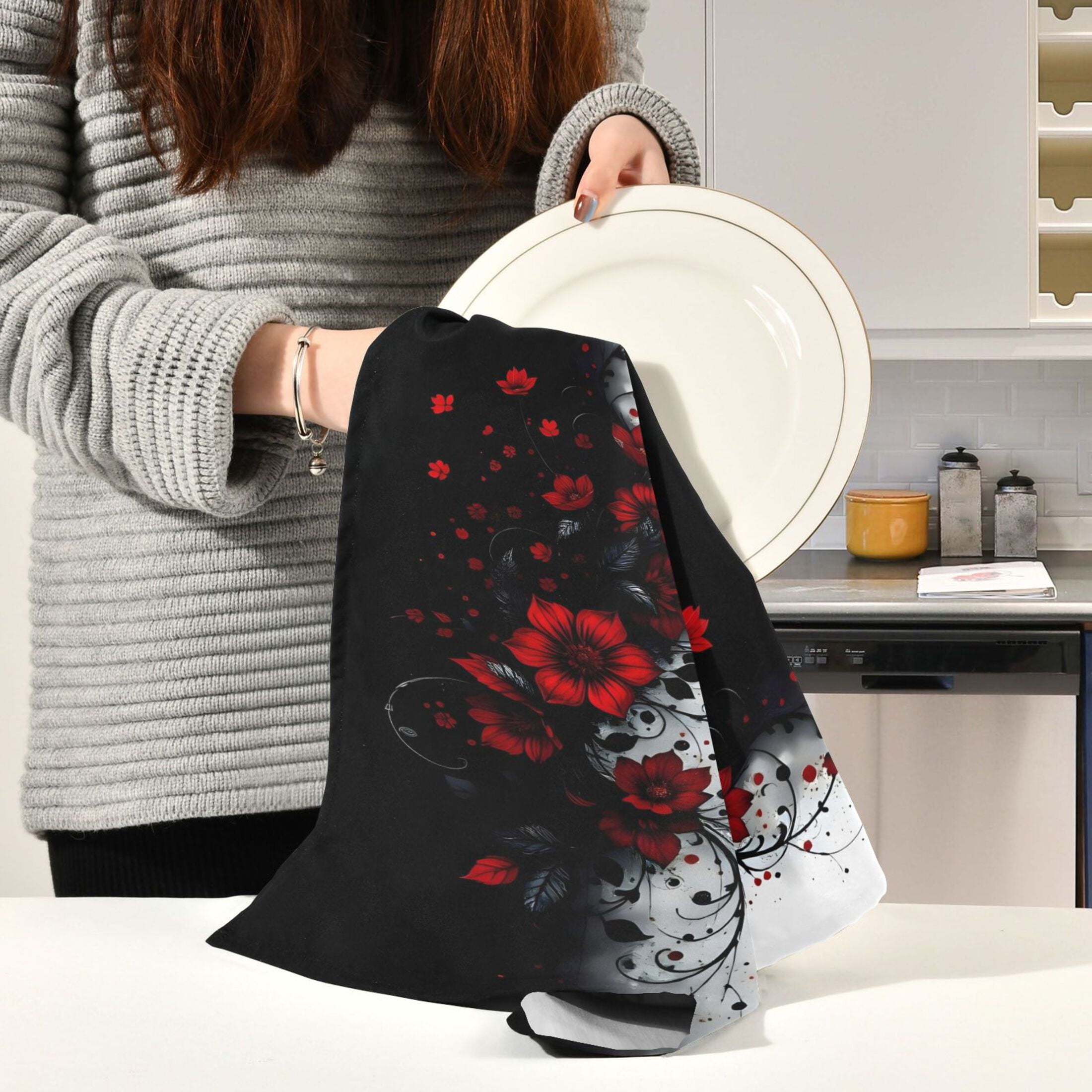 BZSMCE Kitchen Towels Creative Red Floral Dark Swirl Pattern Durable ...