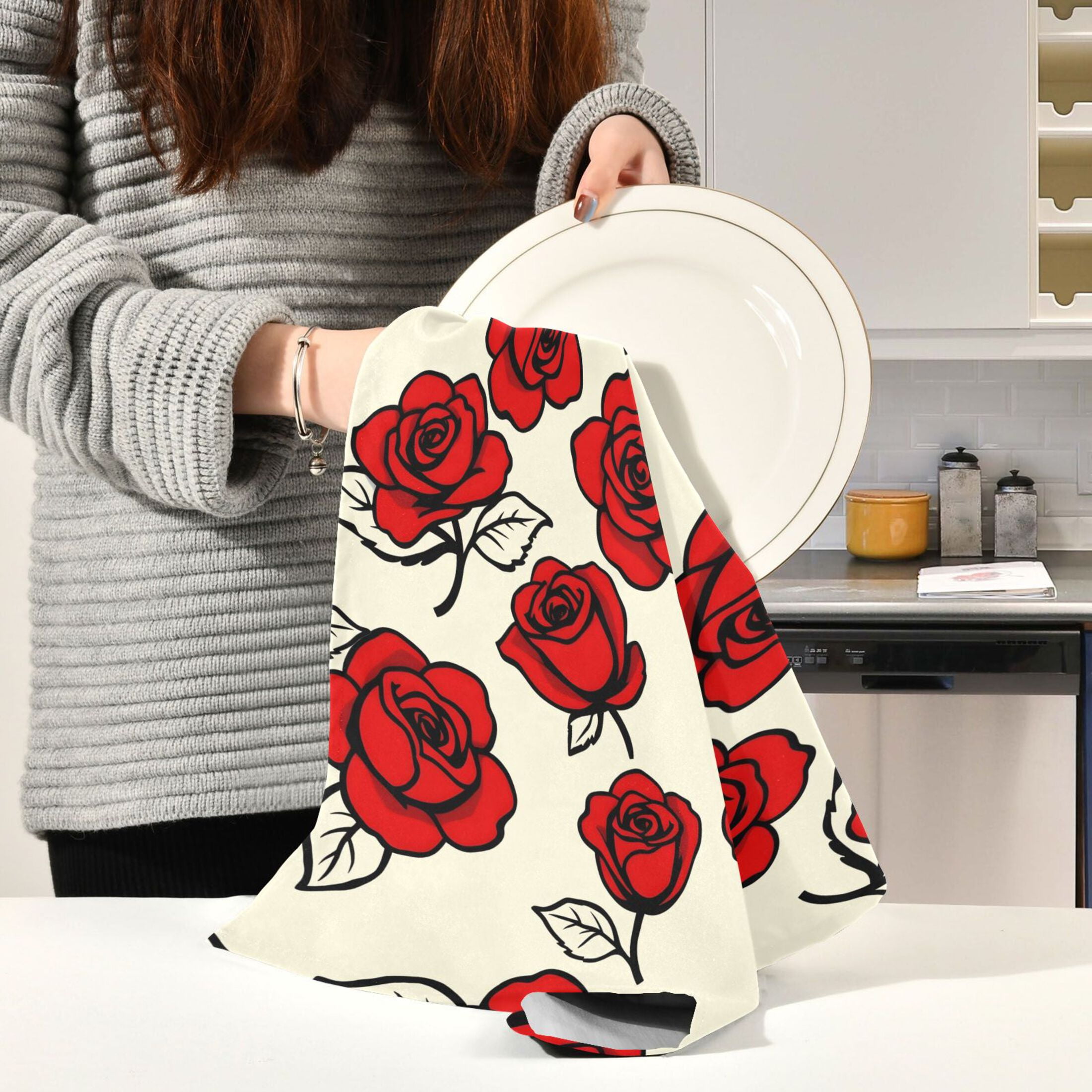 BZSMCE Kitchen Towels Creative Red Roses Pattern Pattern Durable ...