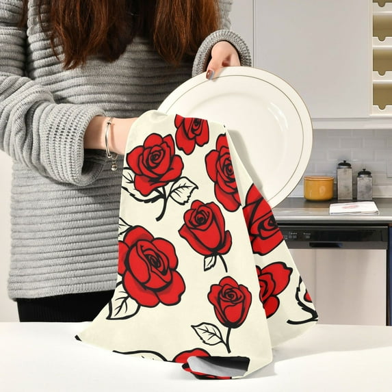BZSMCE Kitchen Towels Creative Red Roses Pattern Pattern Durable ...