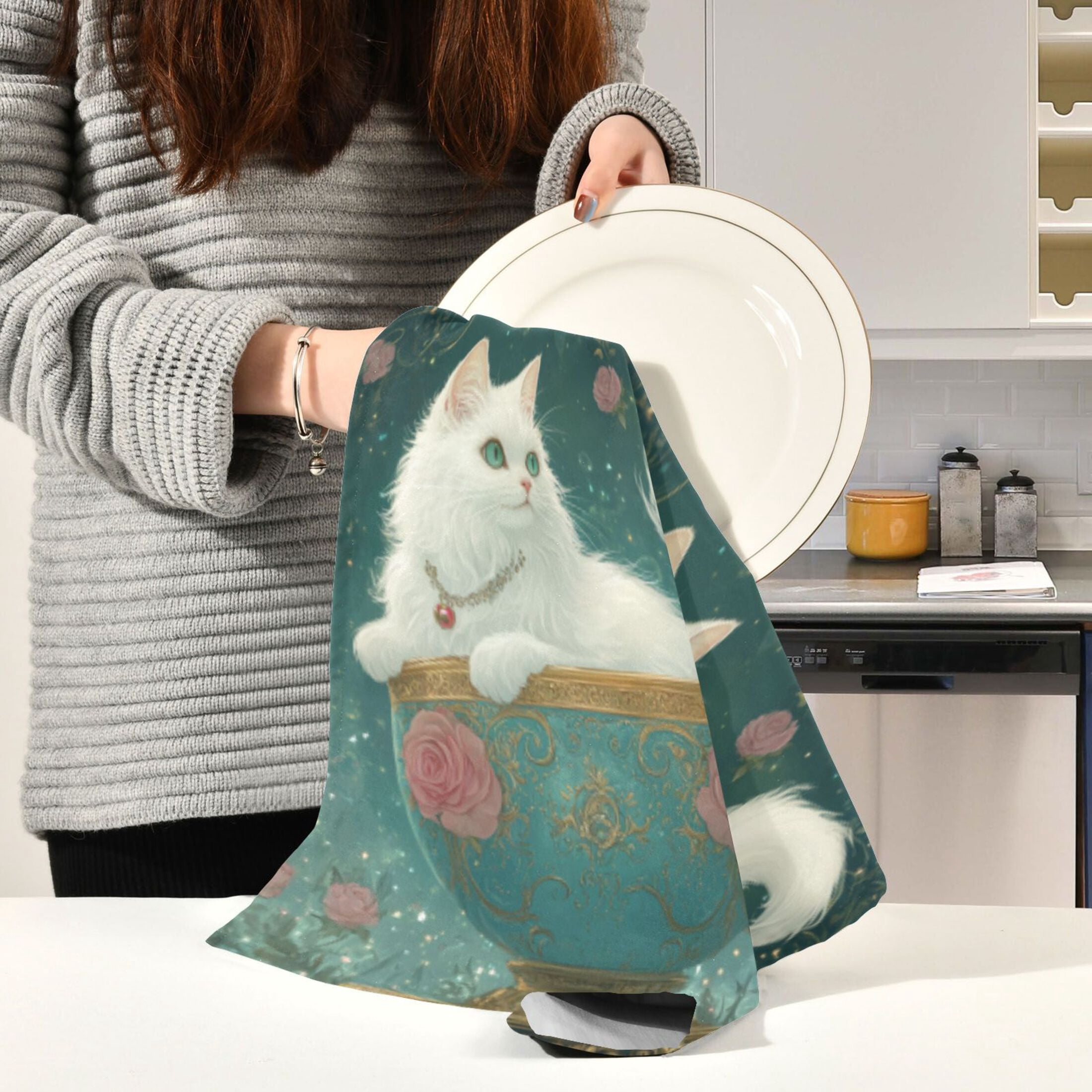 BZSMCE Kitchen Towels Creative Royal Cat Pattern Durable Kitchen Towel ...