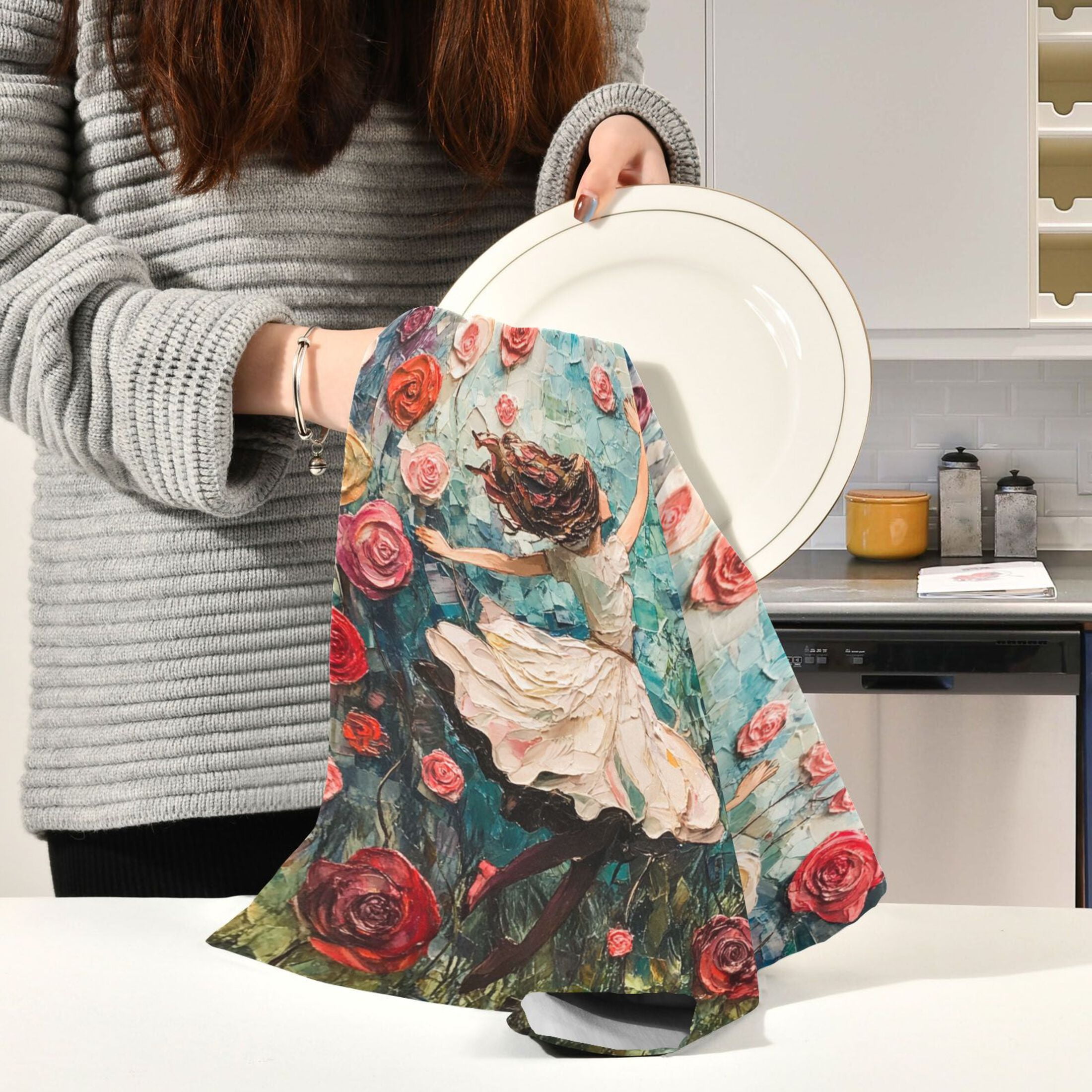 BZSMCE Kitchen Towels Creative Run for Roses Printed Pattern Durable ...
