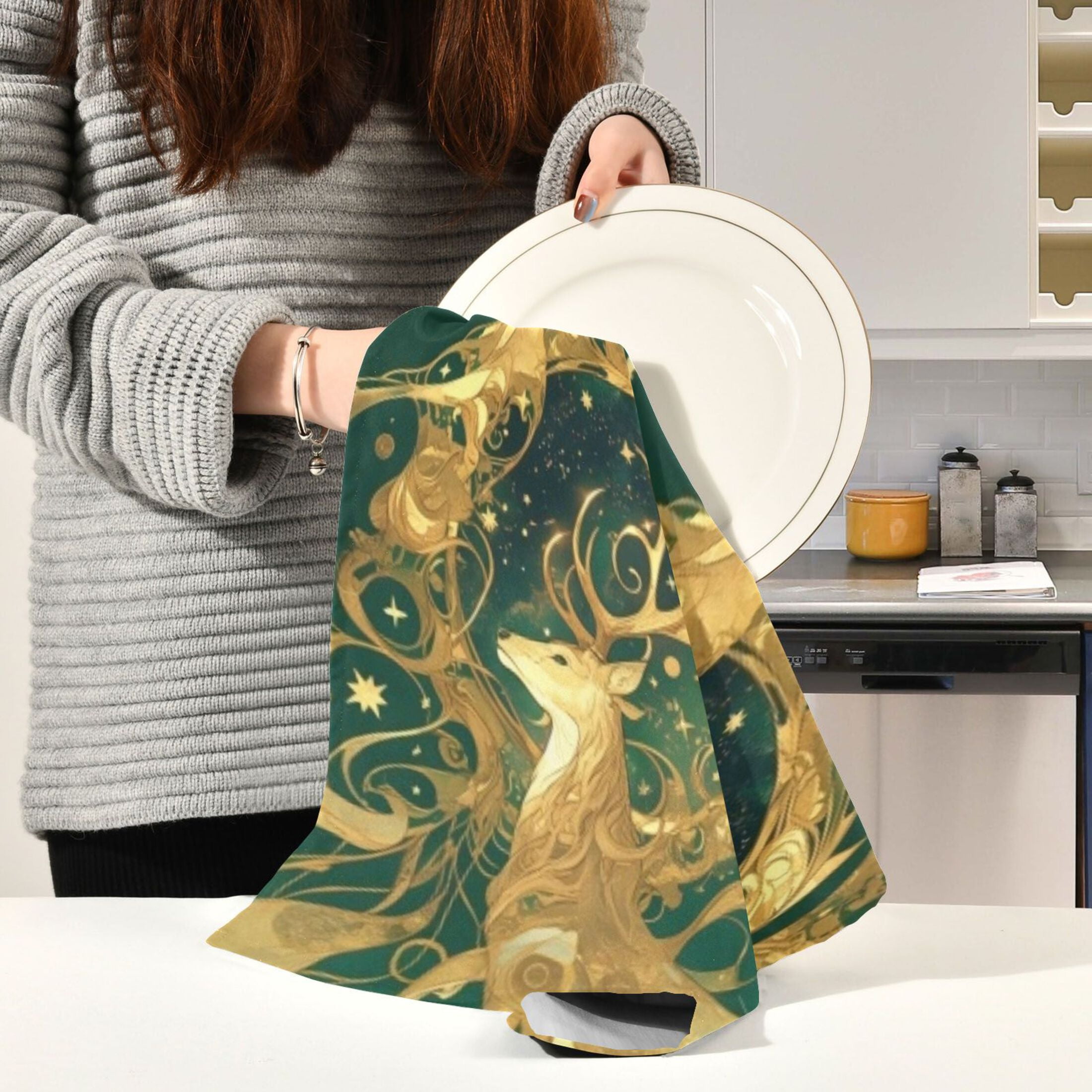 BZSMCE Kitchen Towels Creative Swirl Gilded Deer Pattern Durable ...
