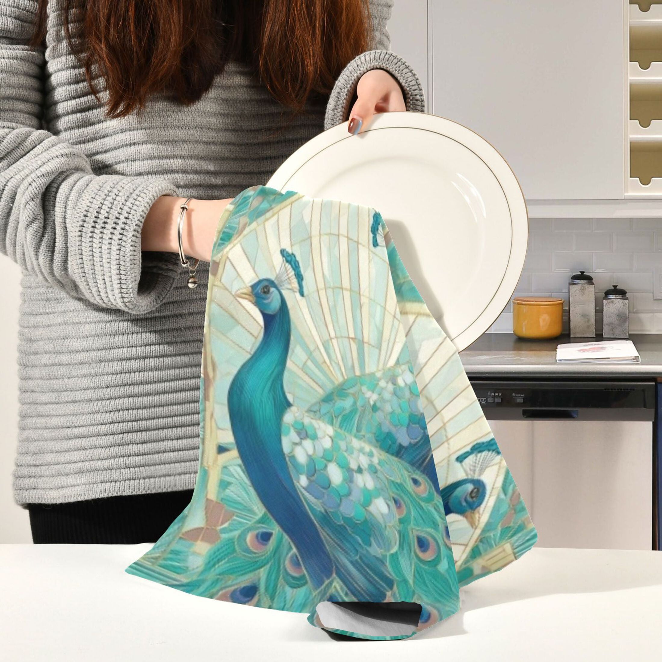 BZSMCE Kitchen Towels Creative Teal Peacock Fanfare Pattern Durable ...