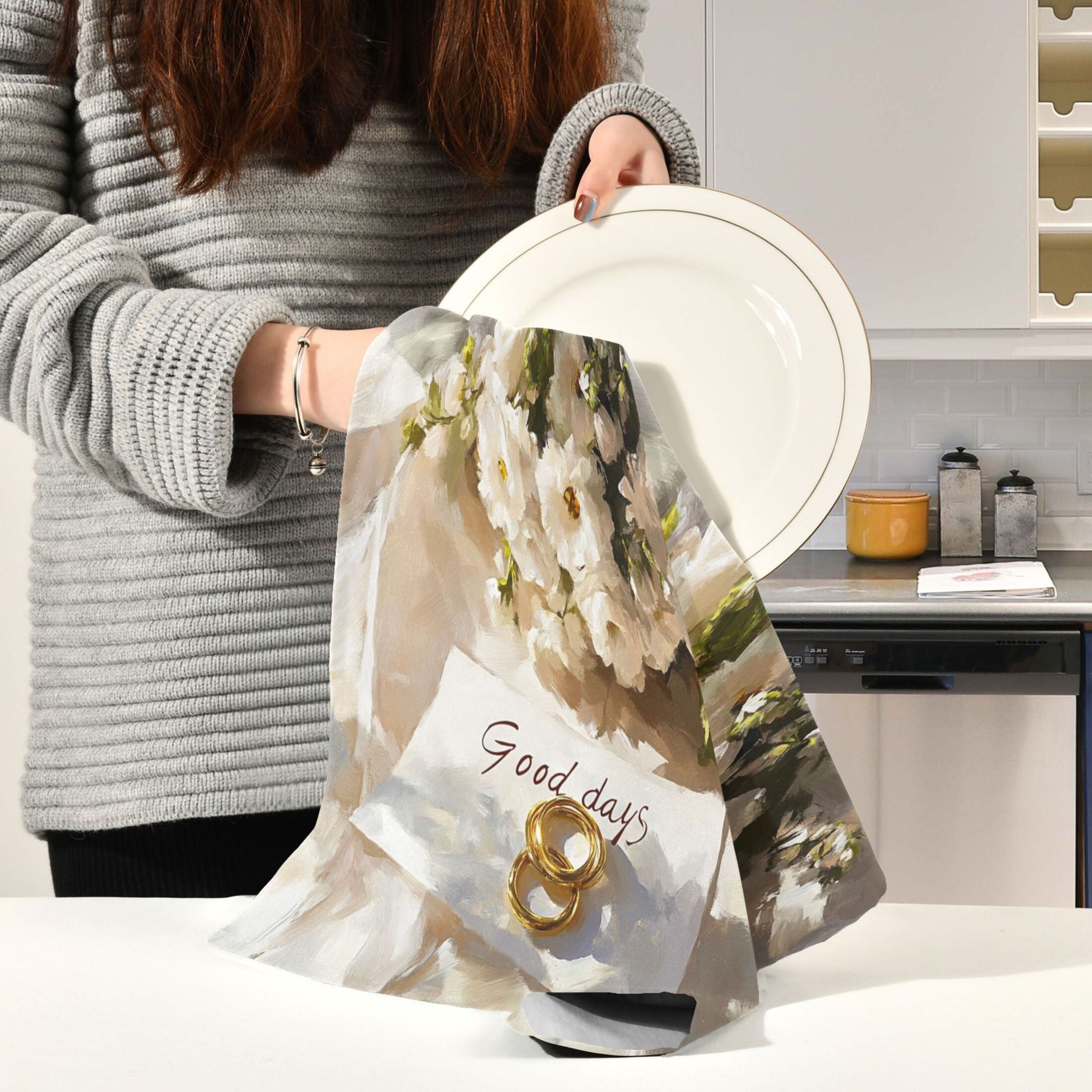 BZSMCE Kitchen Towels Creative White Flowers Rings Pattern Pattern ...