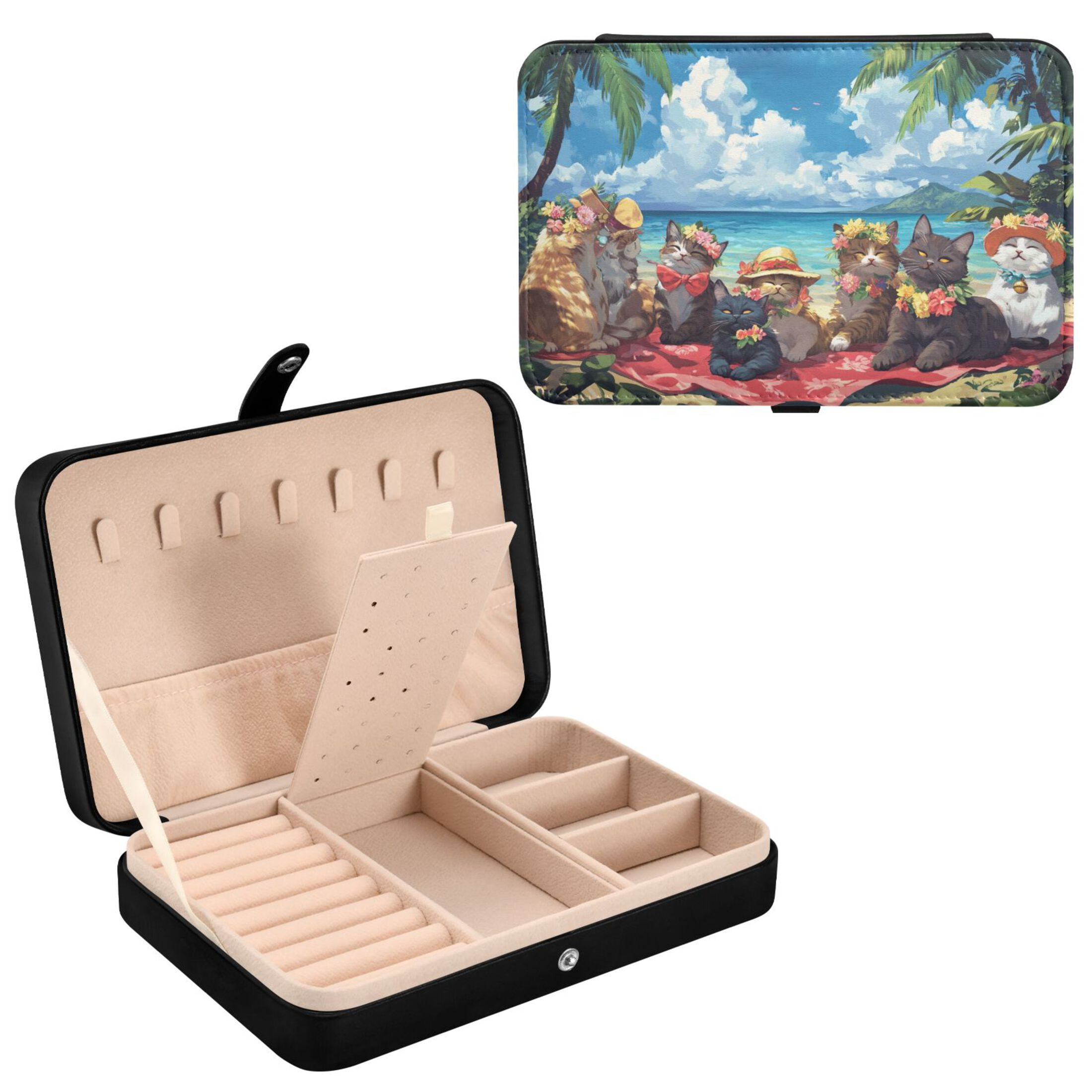 YAZAOO Leather Jewelry Box - Rectangular Cats Picnic on Beach Pattern 8 ...