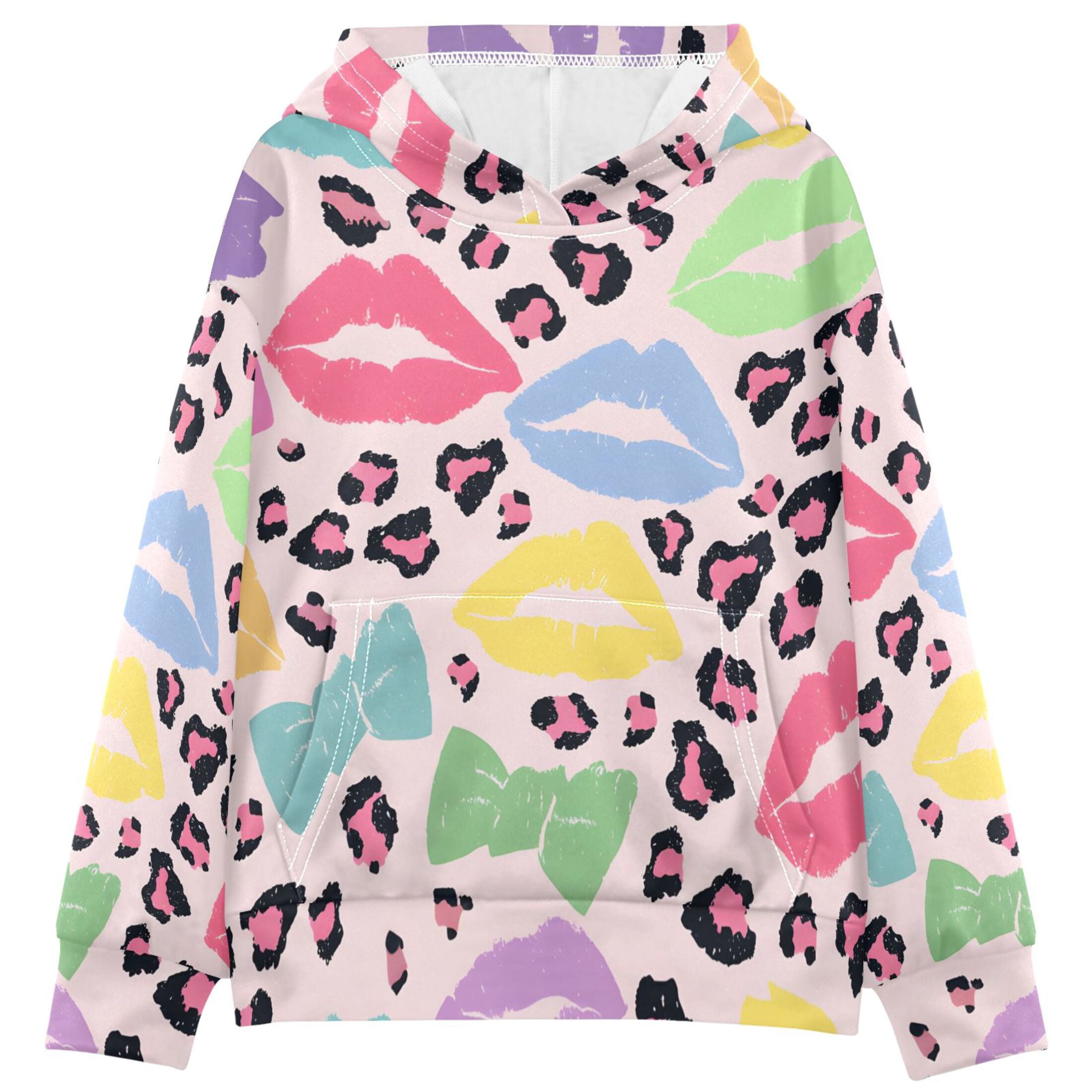 BZSMCE Leopard Lip Bow Print Hoodie Casual Pullover Sweatshirt With ...