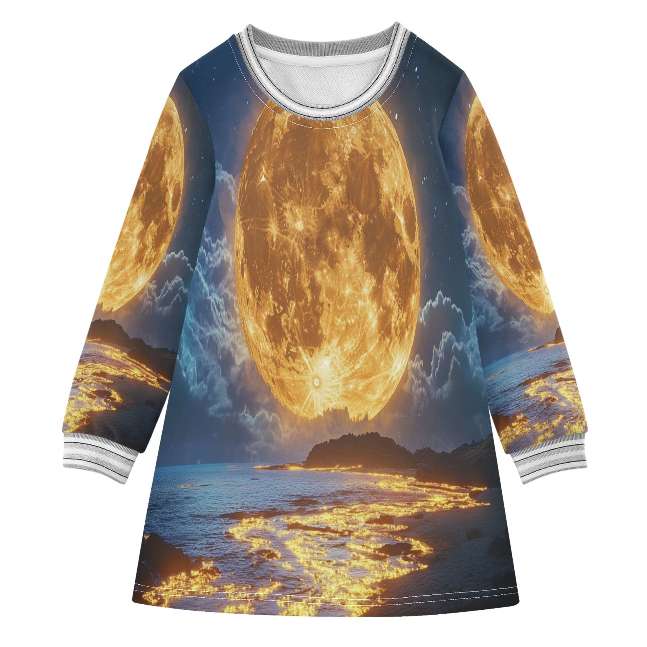 BZSMCE Little Girls Long Sleeved Hoodie A Dresses Light Moon over Ocean ...