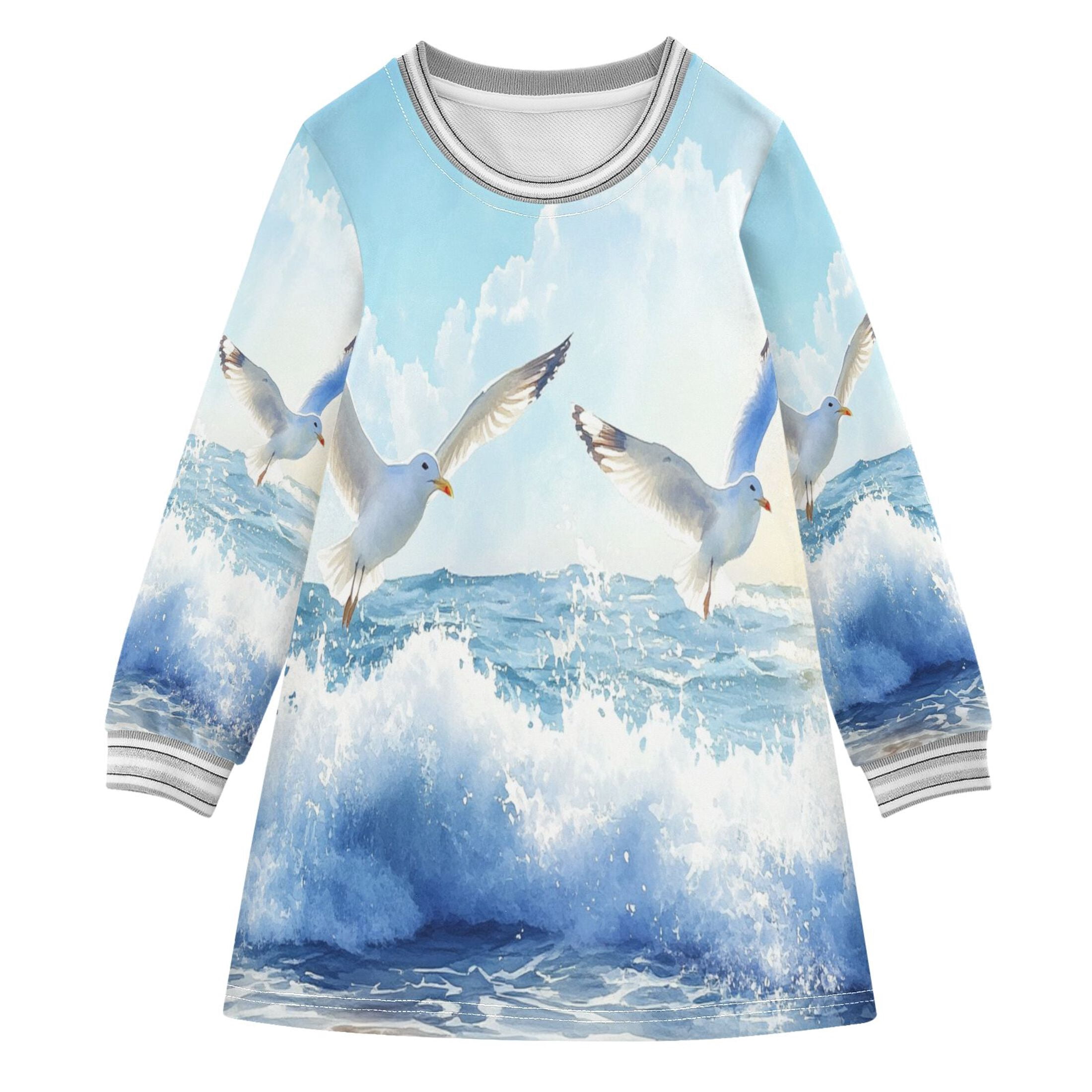 BZSMCE Little Girls Long Sleeved Hoodie A Dresses Seagulls over Ocean ...