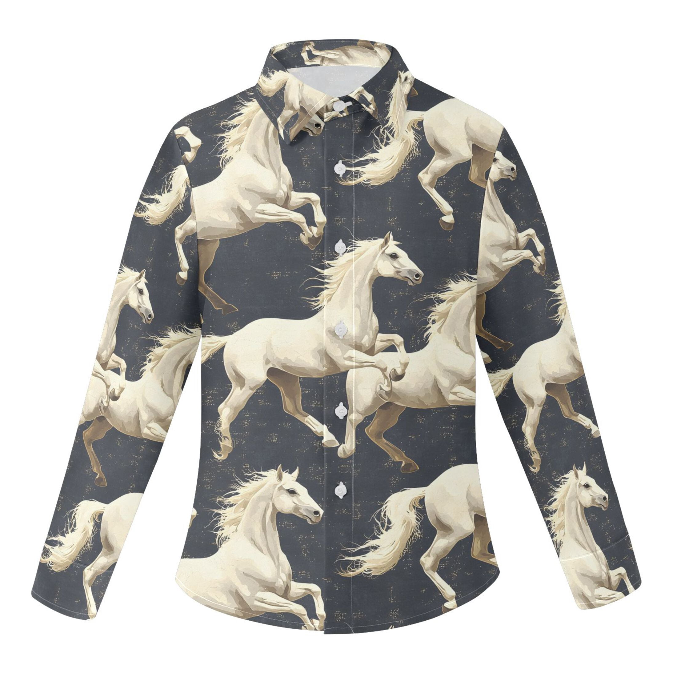 BZSMCE Long‑Sleeve Collared Button Down Shirt Galloping Horse Pattern ...