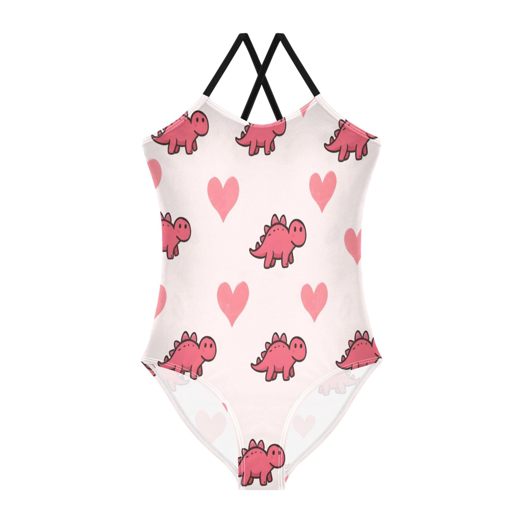 BZSMCE One-Piece Swimsuit with Crisscross StrapsHeart Dinosaur Pattern ...