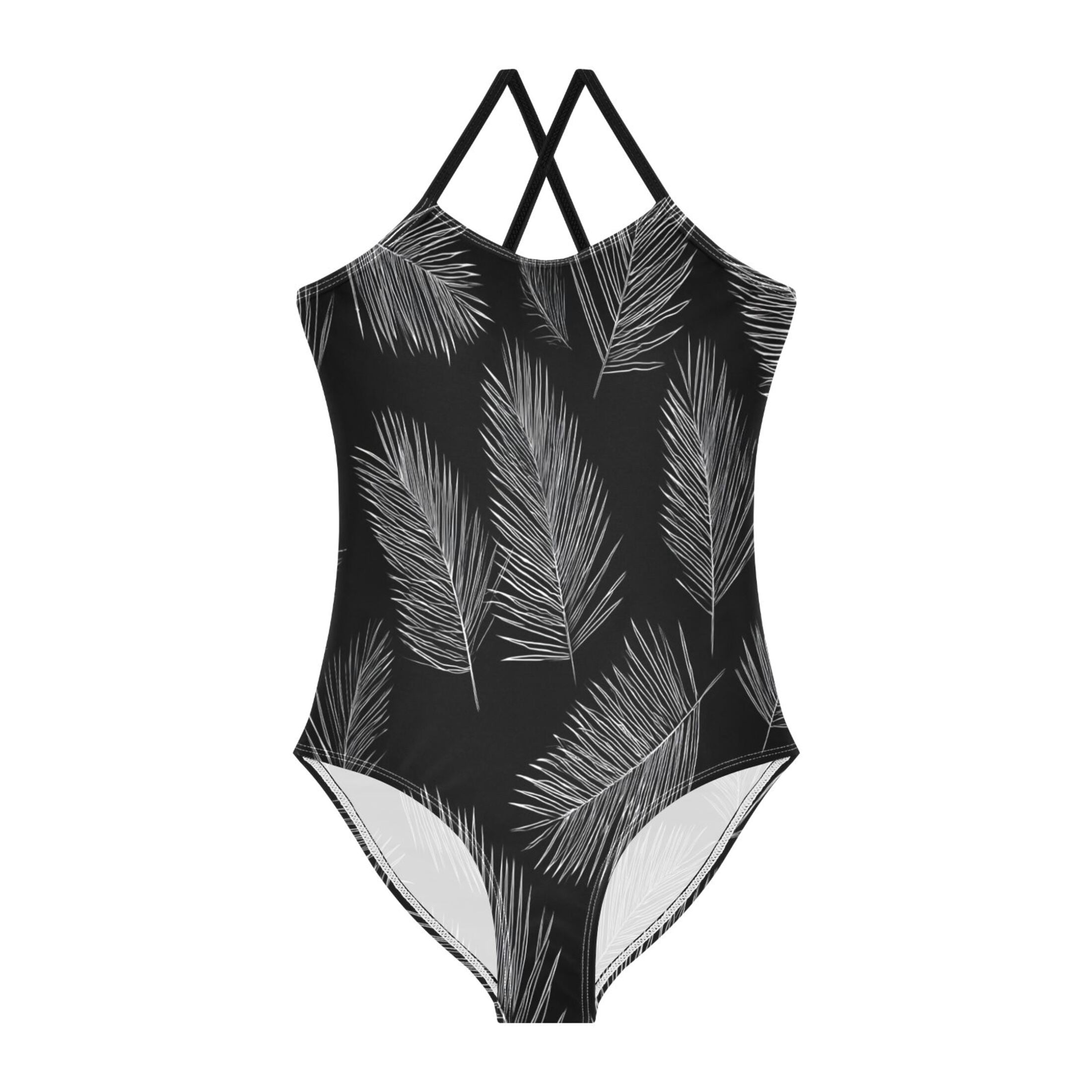 BZSMCE One-Piece Swimsuit with Crisscross StrapsPalm Leaves White Lines ...