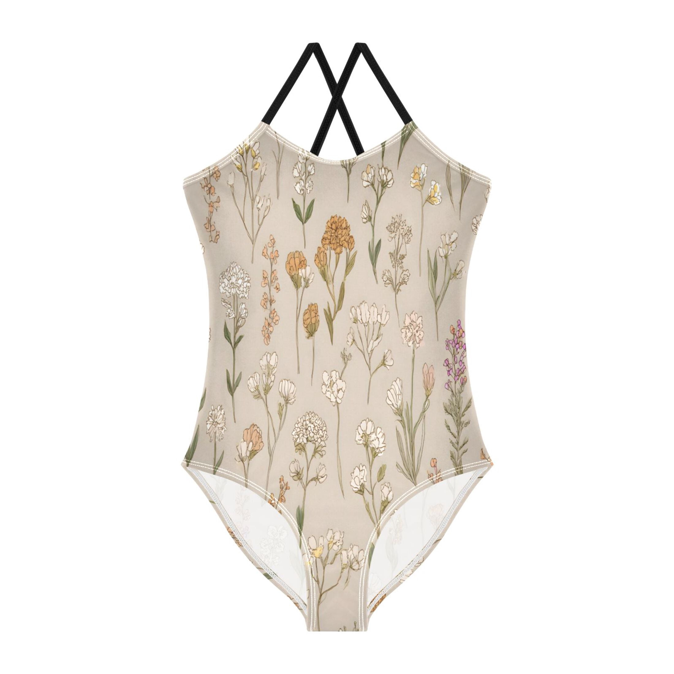 BZSMCE One-Piece Swimsuit with Crisscross StrapsSpring Flower Beige ...