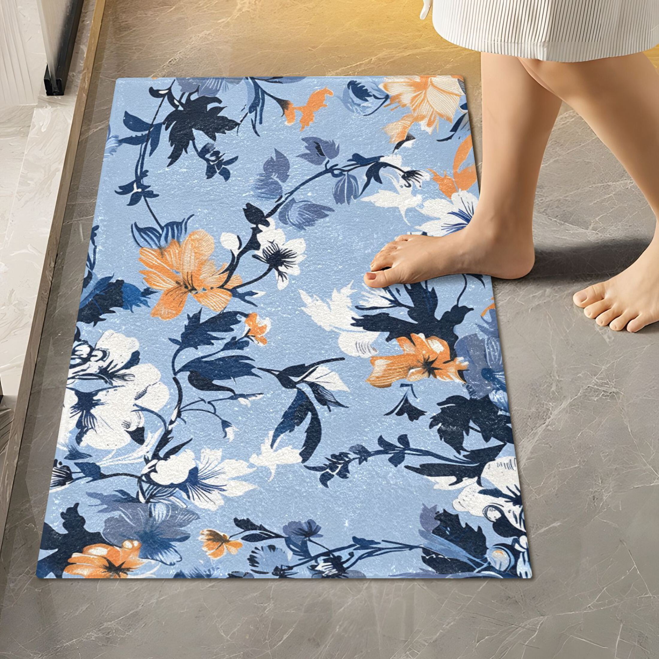 BZSMCE Orange Flower Blue Background Pattern 2-Piece Non-Slip Absorbent ...
