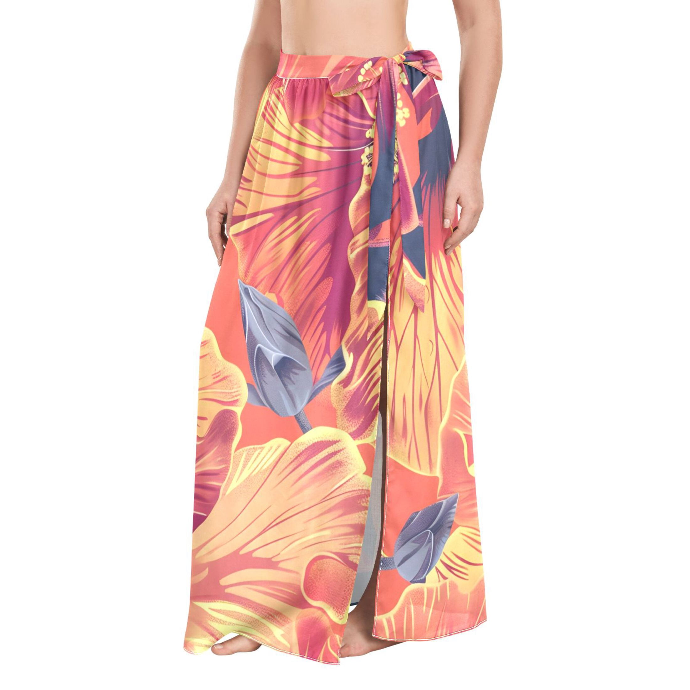 BZSMCE Orange Red Hibiscus Flower Pattern Maxi Cover-Up Skirt ...