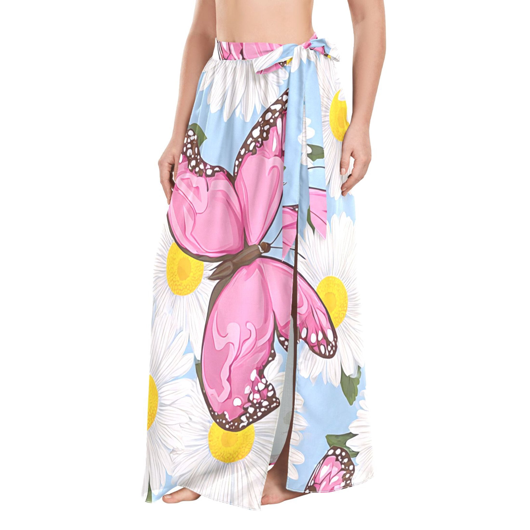 BZSMCE Pink Butterfly Daisy Pattern Maxi Cover-Up Skirt, Lightweight ...