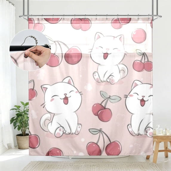BZSMCE Pink Cherry White Cat Pattern Bathroom Shower Curtain Set with ...