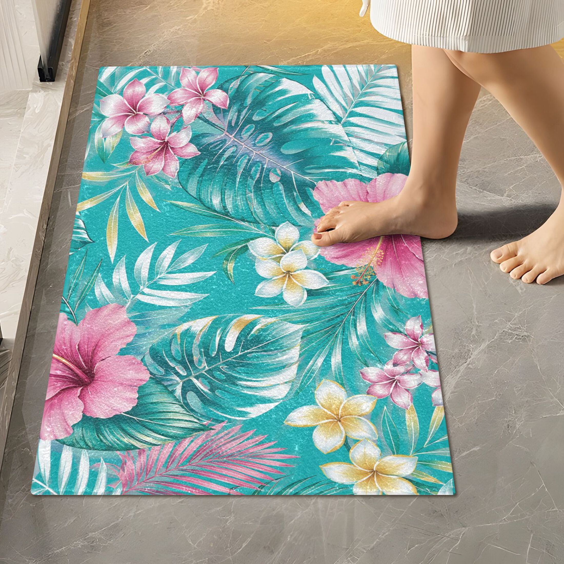 BZSMCE Pink Hibiscus Flowers Green Palm Leaves Pattern 2-Piece Non-Slip ...