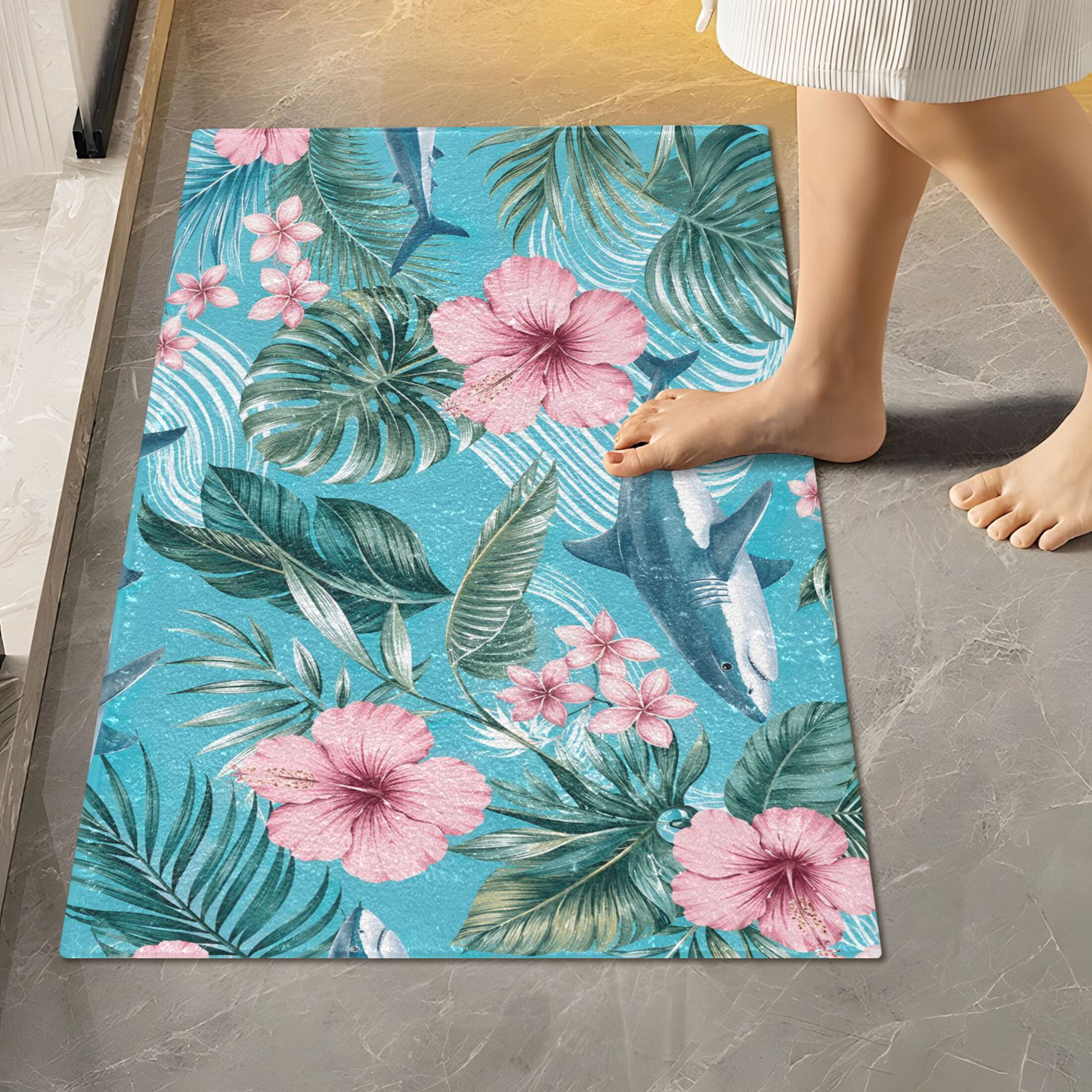 BZSMCE Pink Hibiscus Shark Pattern 2-Piece Non-Slip Absorbent Bathroom ...