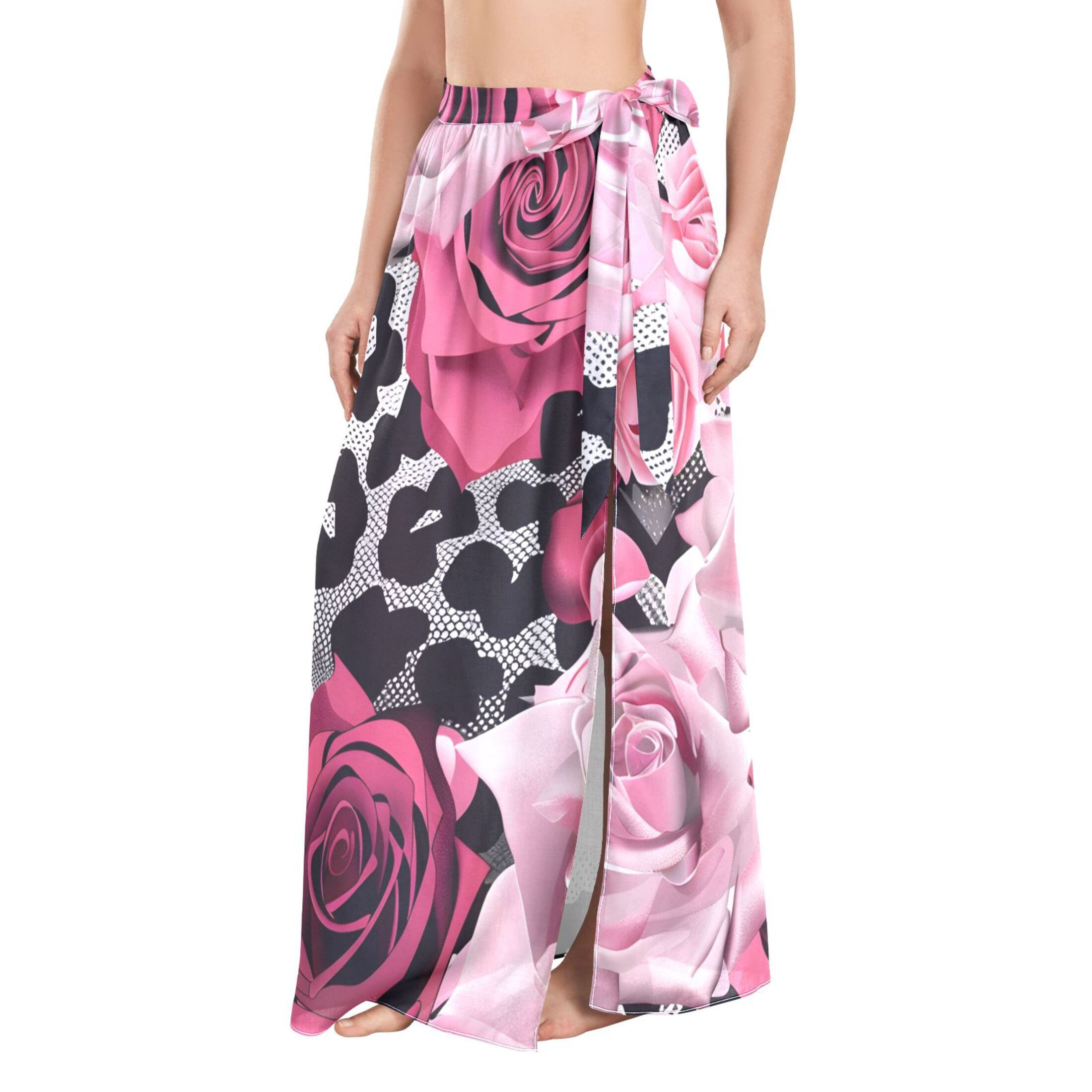 BZSMCE Pink Rose Red Rose Pattern Maxi Cover-Up Skirt, Lightweight ...