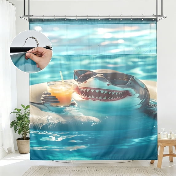 BZSMCE Pool Shark Float Pattern Bathroom Shower Curtain Set with Hooks ...