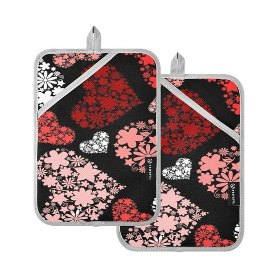 BZSMCE Pot Holder Oven Mitts Cooking Baking Floral Hearts on Black ...