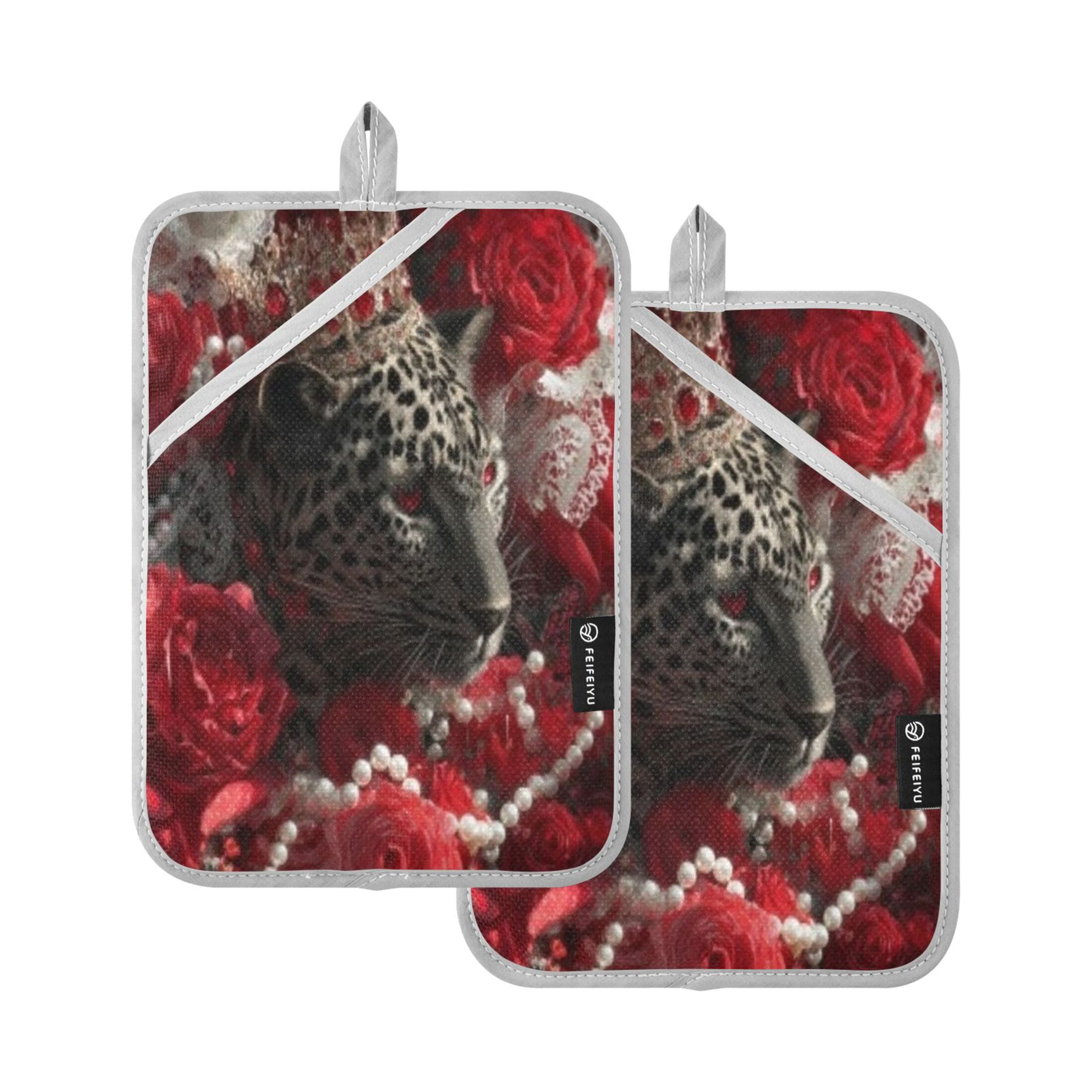 BZSMCE Pot Holder Oven Mitts Cooking Baking Leopard Red Roses Crown ...