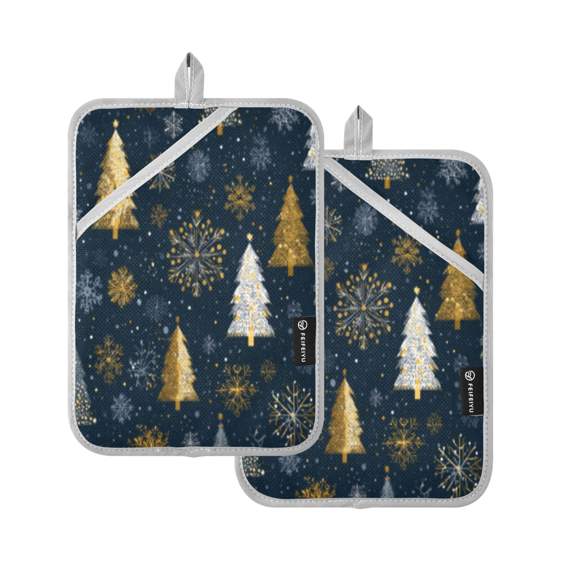 BZSMCE Pot Holder Oven Mitts Cooking Baking Navy Gold Tree Snowy Fest ...