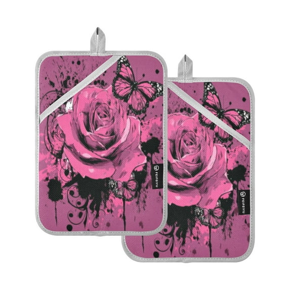 BZSMCE Pot Holder Oven Mitts Cooking Baking Pink Rose Butterfly ...