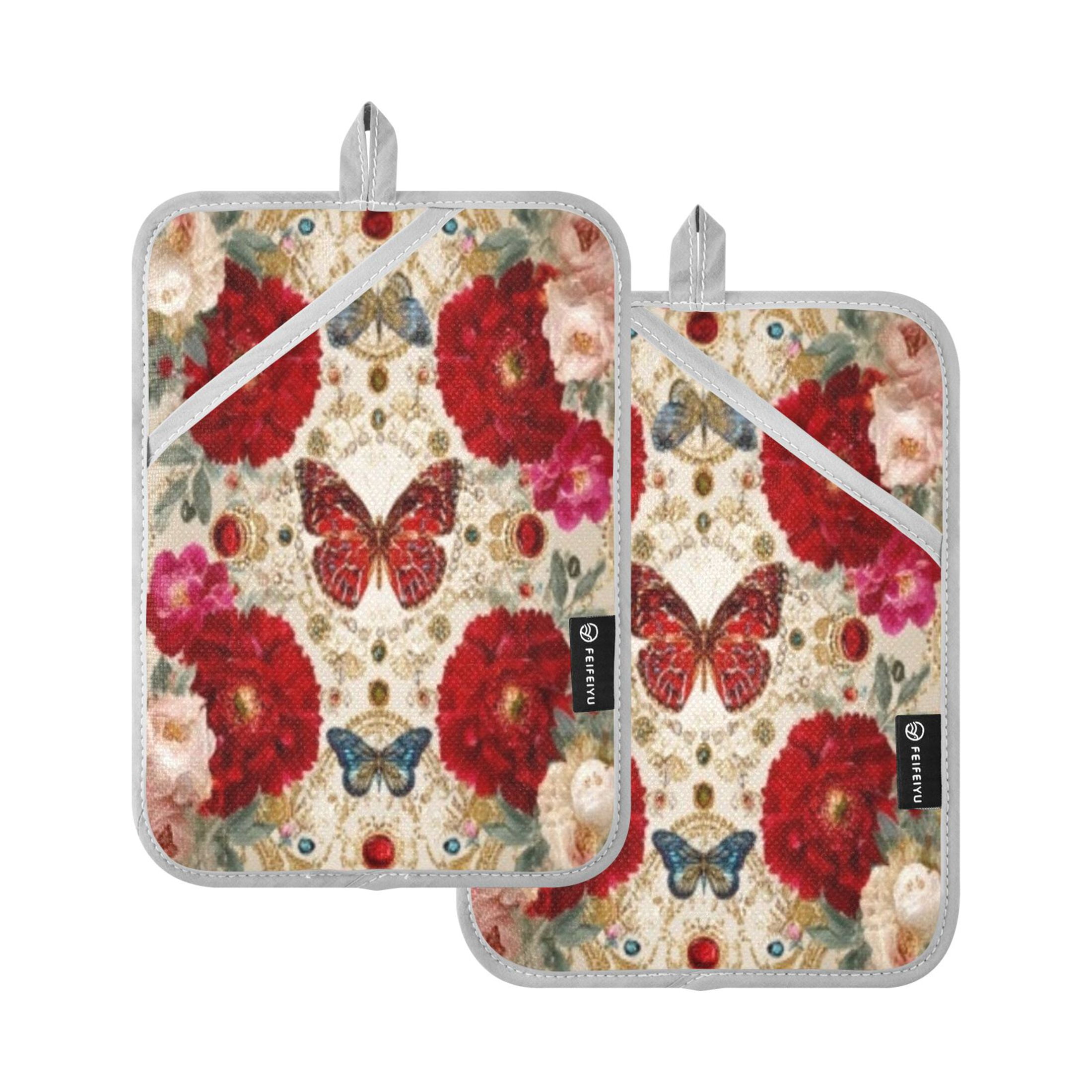 BZSMCE Pot Holder Oven Mitts Cooking Baking Red Rose Butterfly Opulence ...