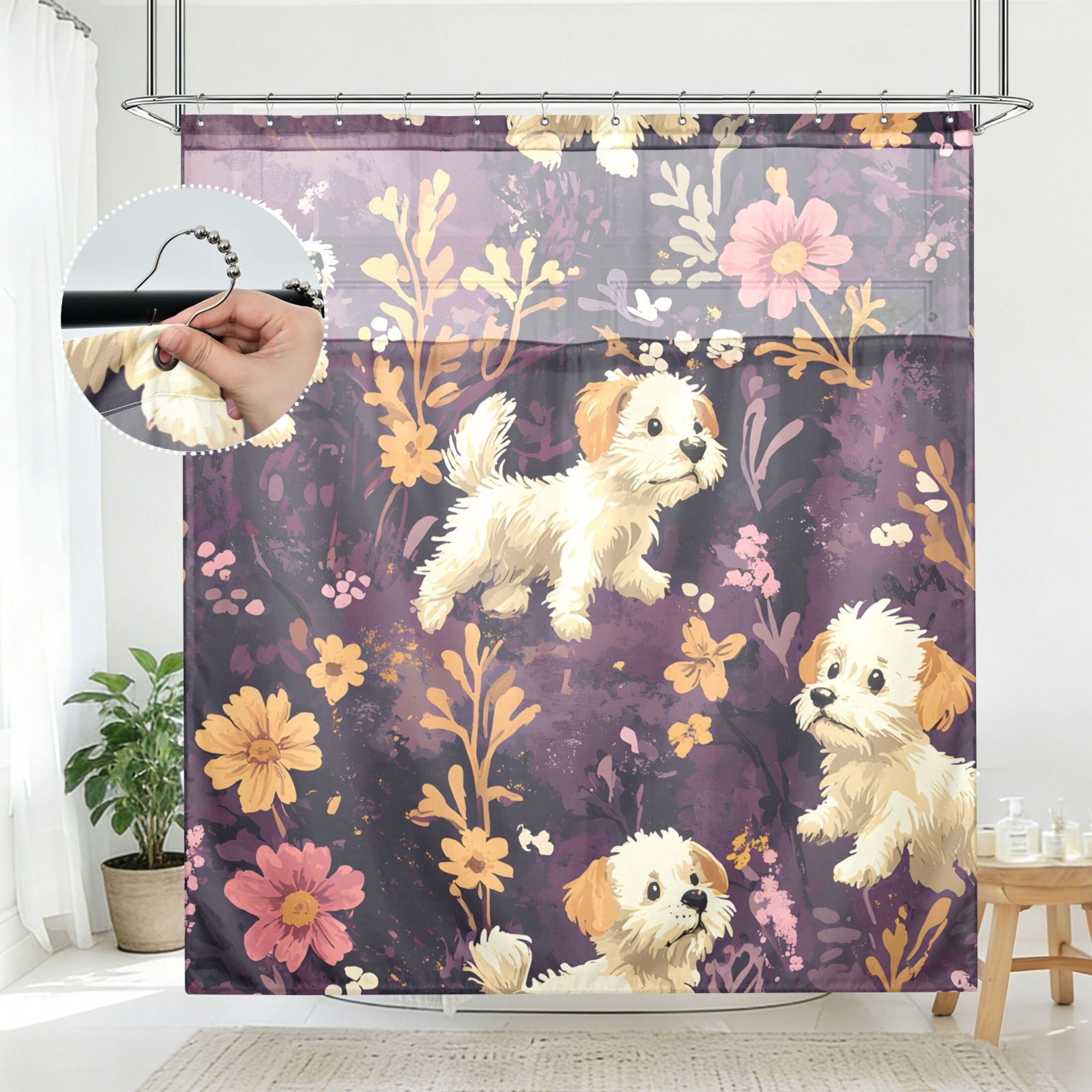 BZSMCE Puppy Floral Pattern Pattern Bathroom Shower Curtain Set with ...