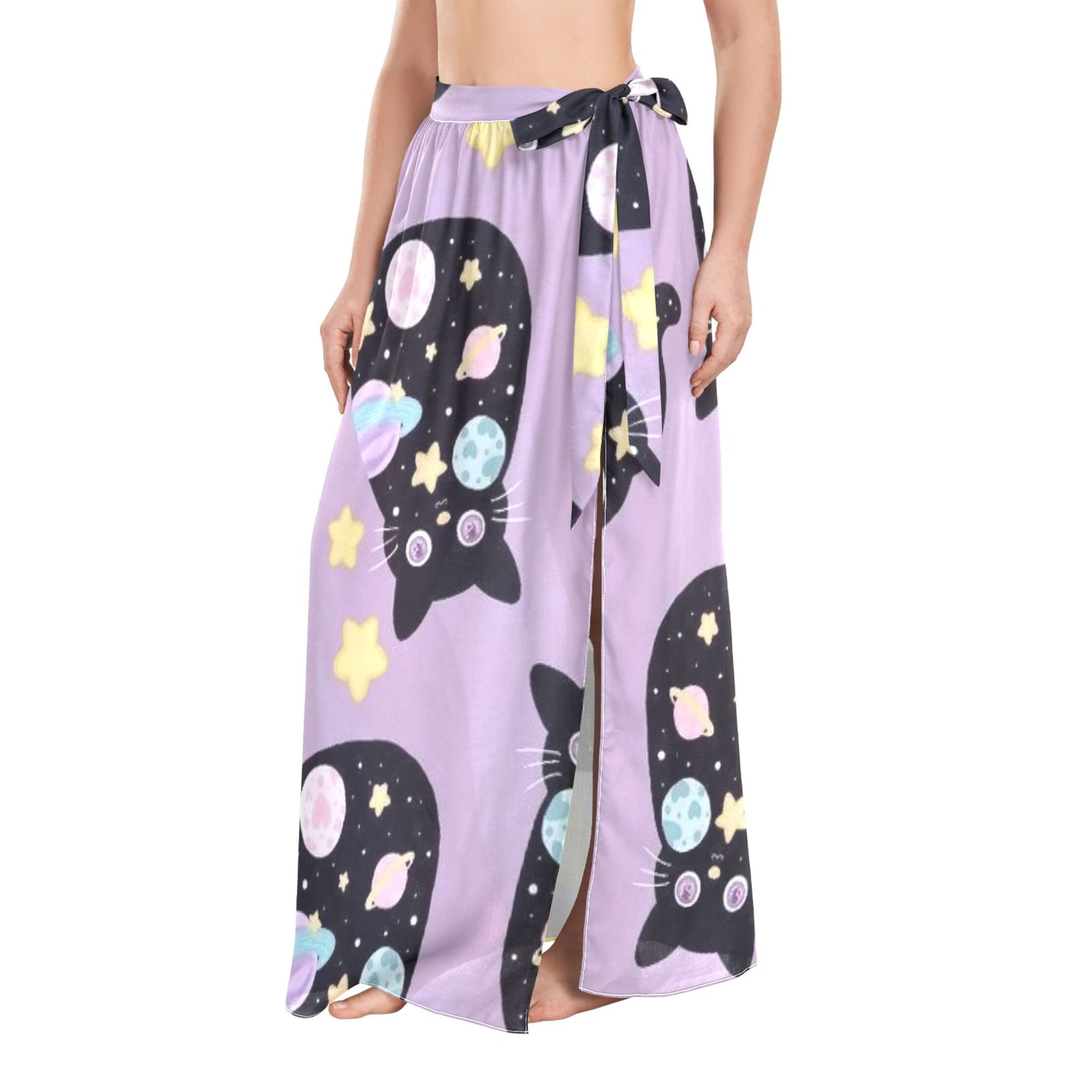 BZSMCE Purple Cat Silhouette Maze Maxi Cover-Up Skirt, Lightweight ...