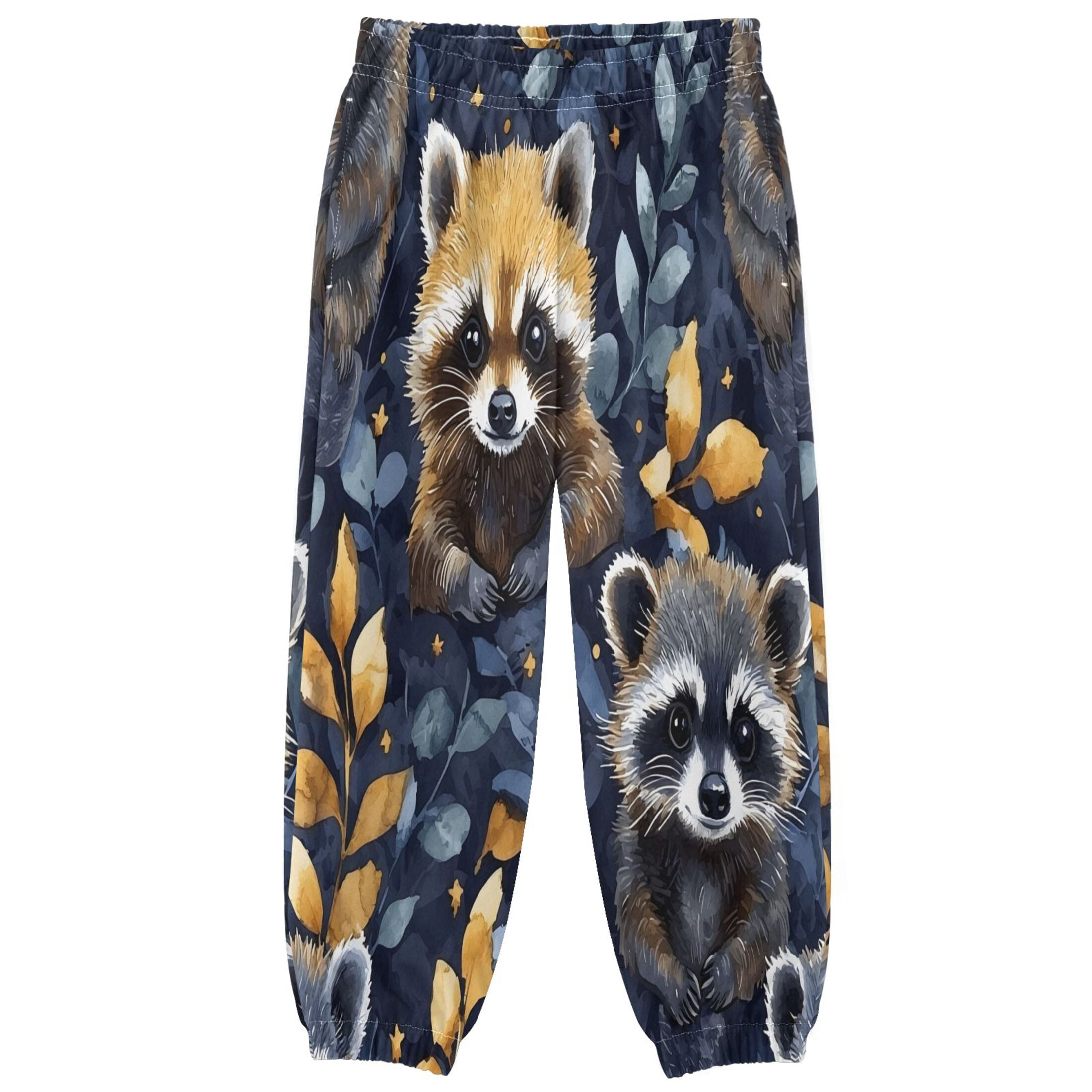 BZSMCE Raccoon and Leaf Pattern Print Elastic Waist Jogger Pants ...