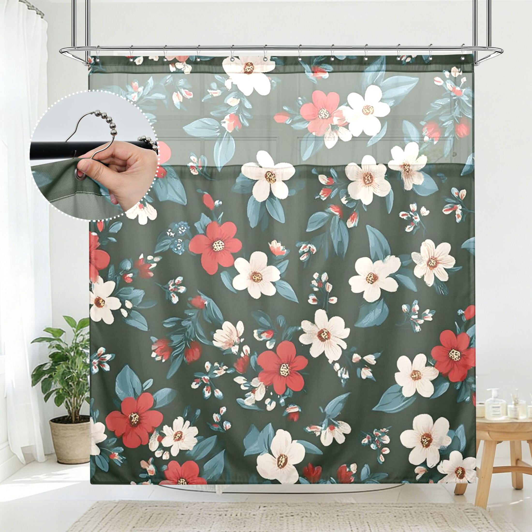 BZSMCE Red Flower Pattern Pattern Bathroom Shower Curtain Set with ...