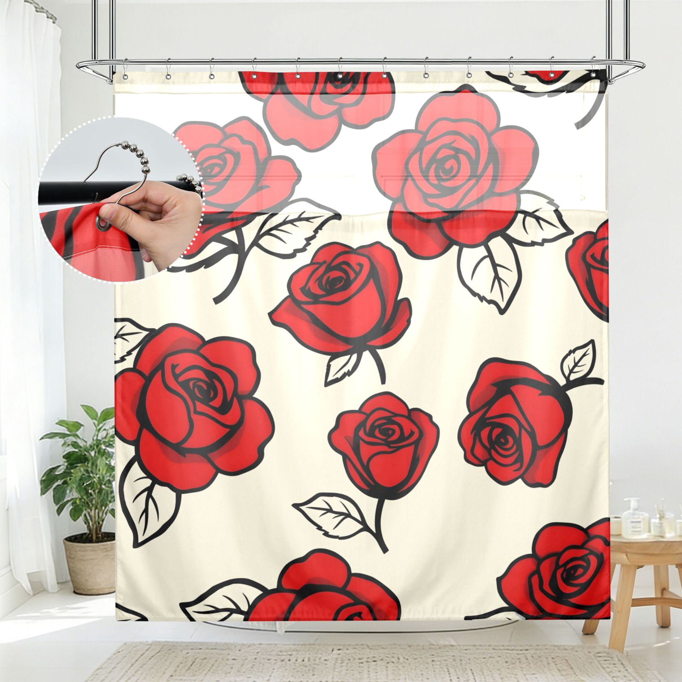 BZSMCE Red Roses Pattern Pattern Bathroom Shower Curtain Set with Hooks ...