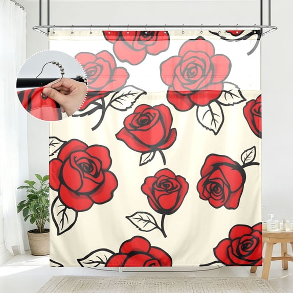 BZSMCE Red Roses Pattern Pattern Bathroom Shower Curtain Set with Hooks ...