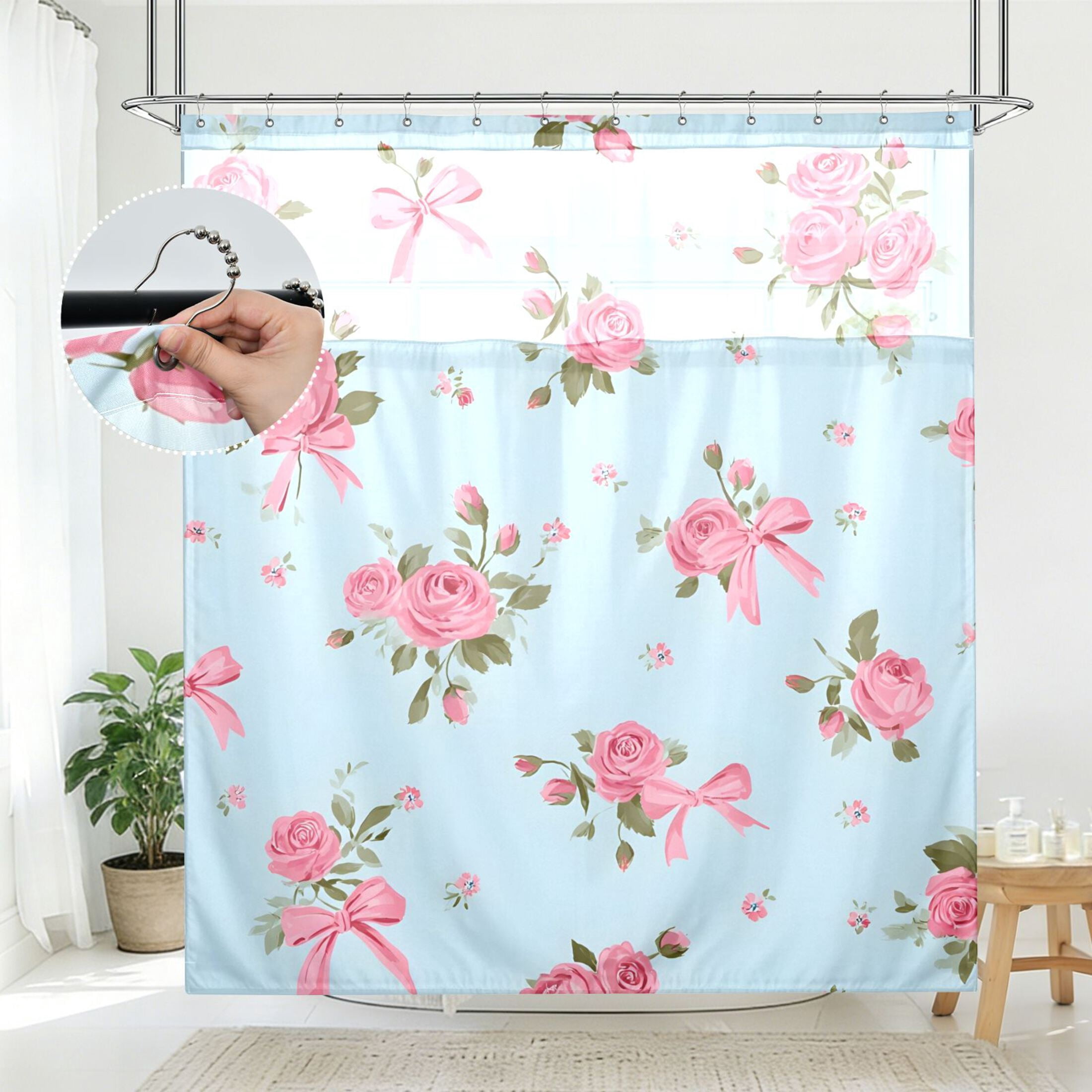 BZSMCE Rose with Bow Pattern Bathroom Shower Curtain Set with Hooks ...