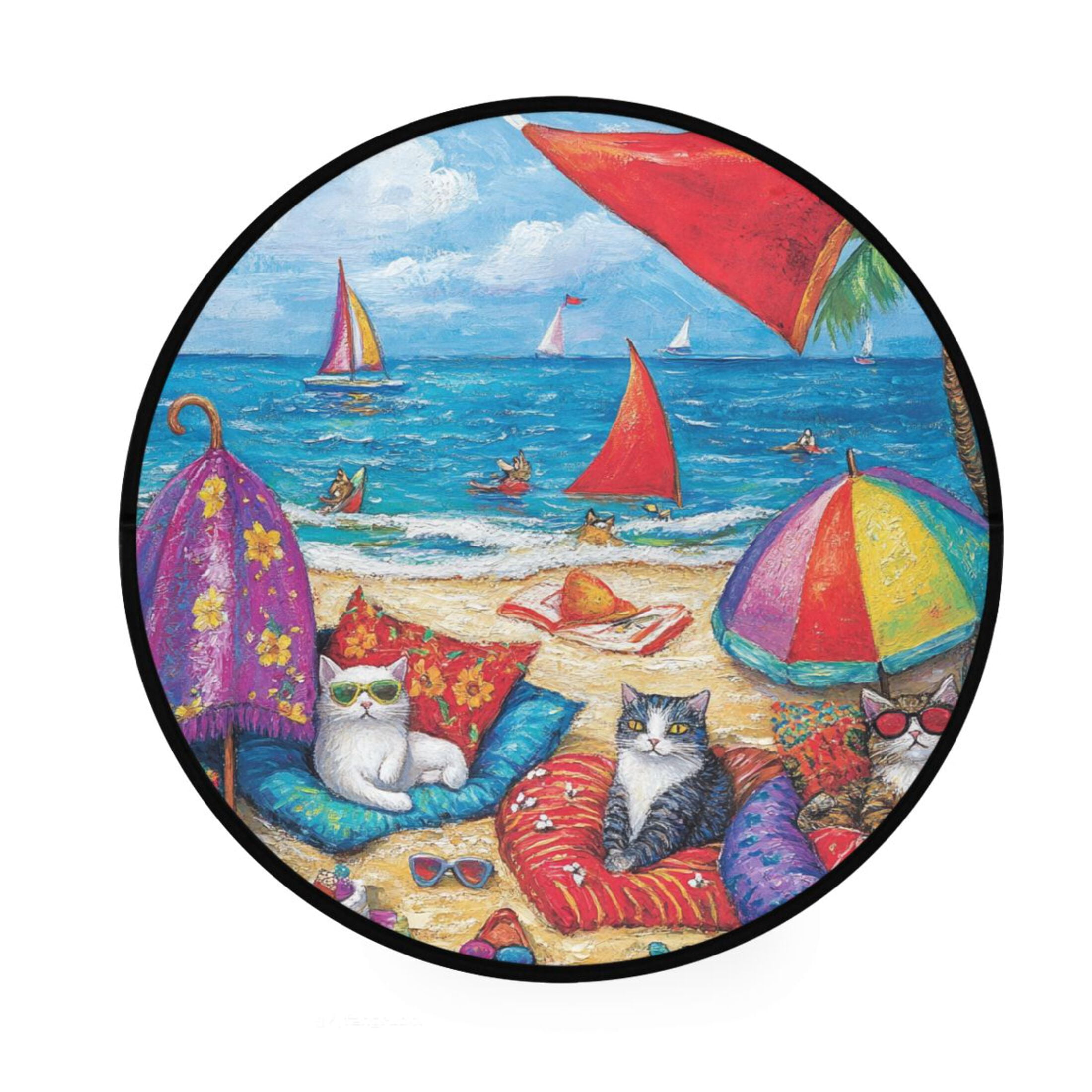BZSMCE Round Decorative Floor Mat Cats Playing on The Beach Pattern 36 ...