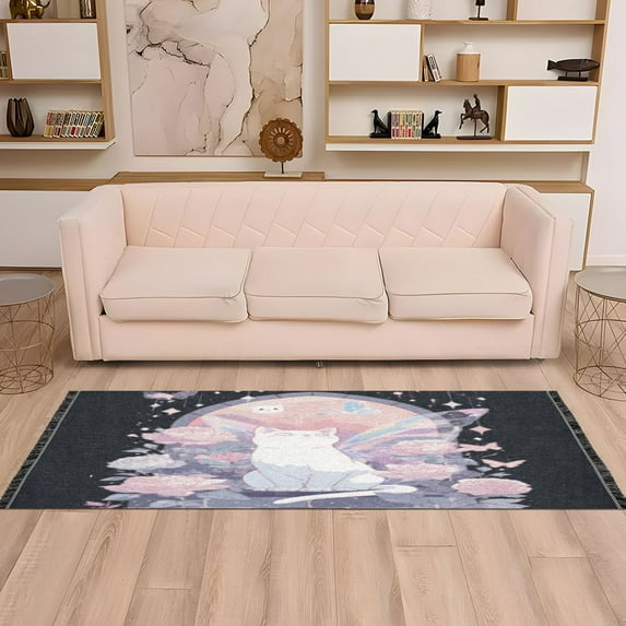 BZSMCE Runner Rug Classical Design Midnight Fairy Cat Among Blooms ...