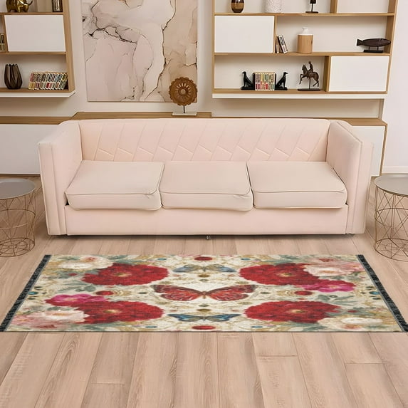 BZSMCE Runner Rug Classical Design Red Rose Butterfly Opulence Modern ...