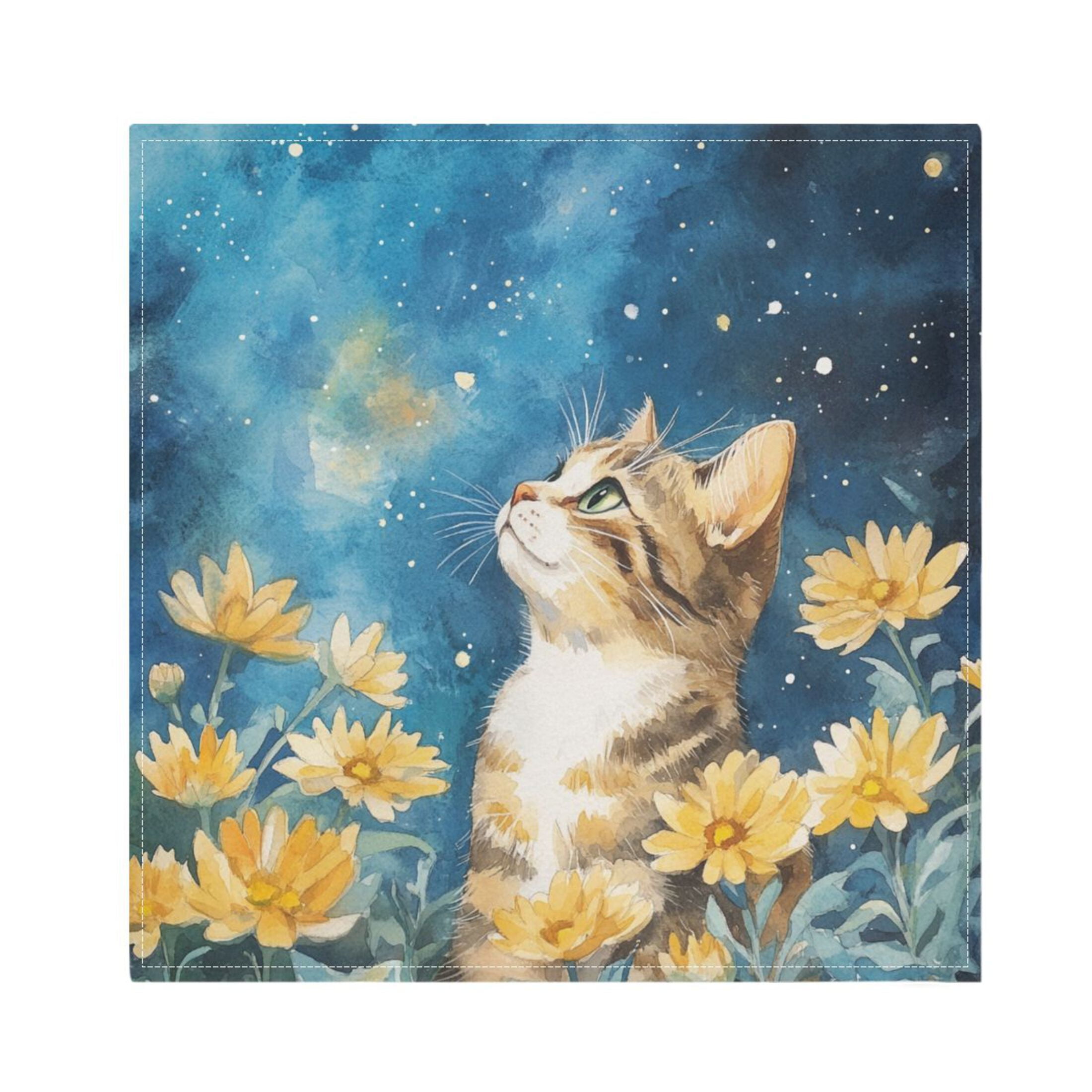 BZSMCE Satin Native Fab Cotton Dinner Napkin Cat Gazing at Starry Sky ...
