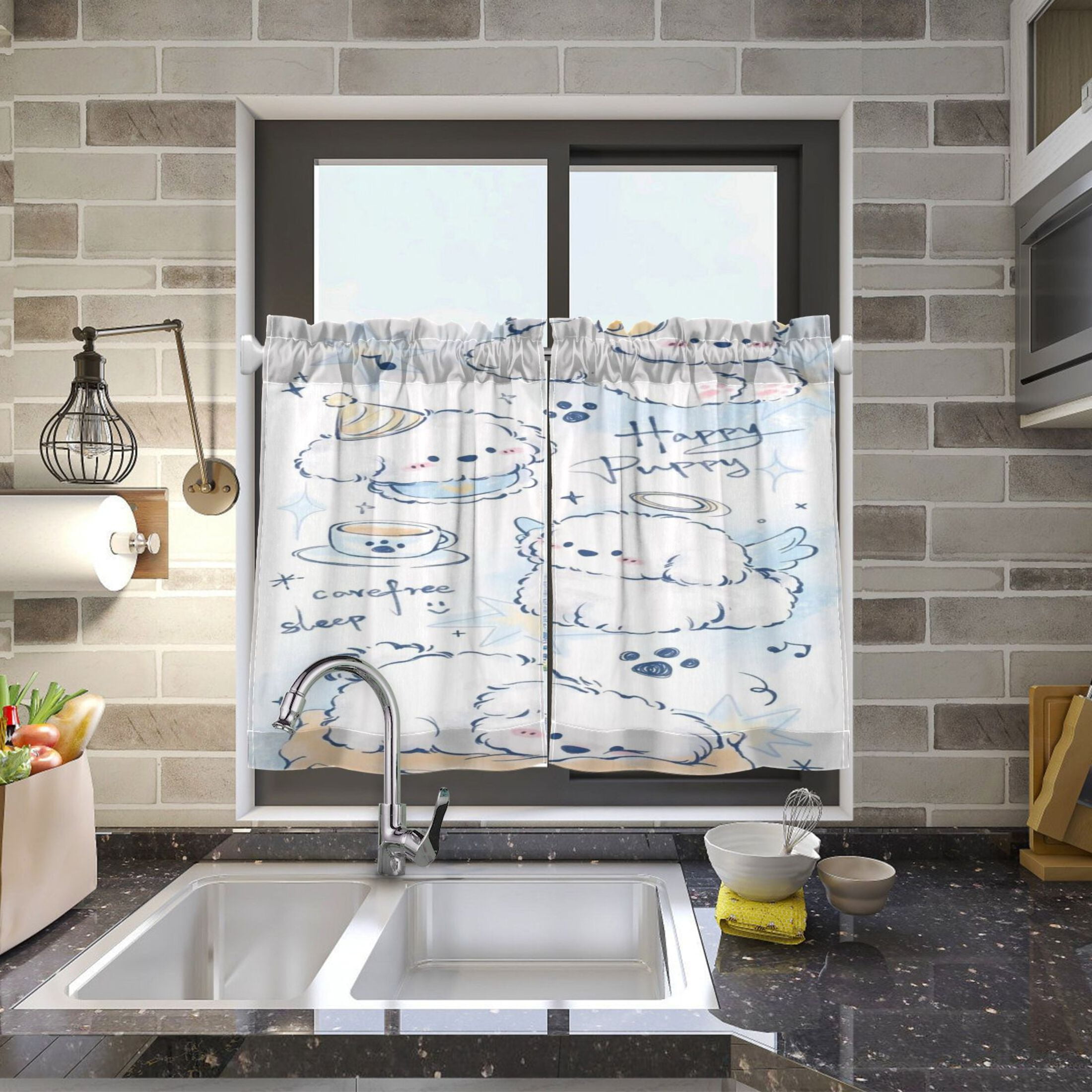 BZSMCE Set of 2 Pieces Kitchen Window Curtain Fashion Angel Pup Cloud ...