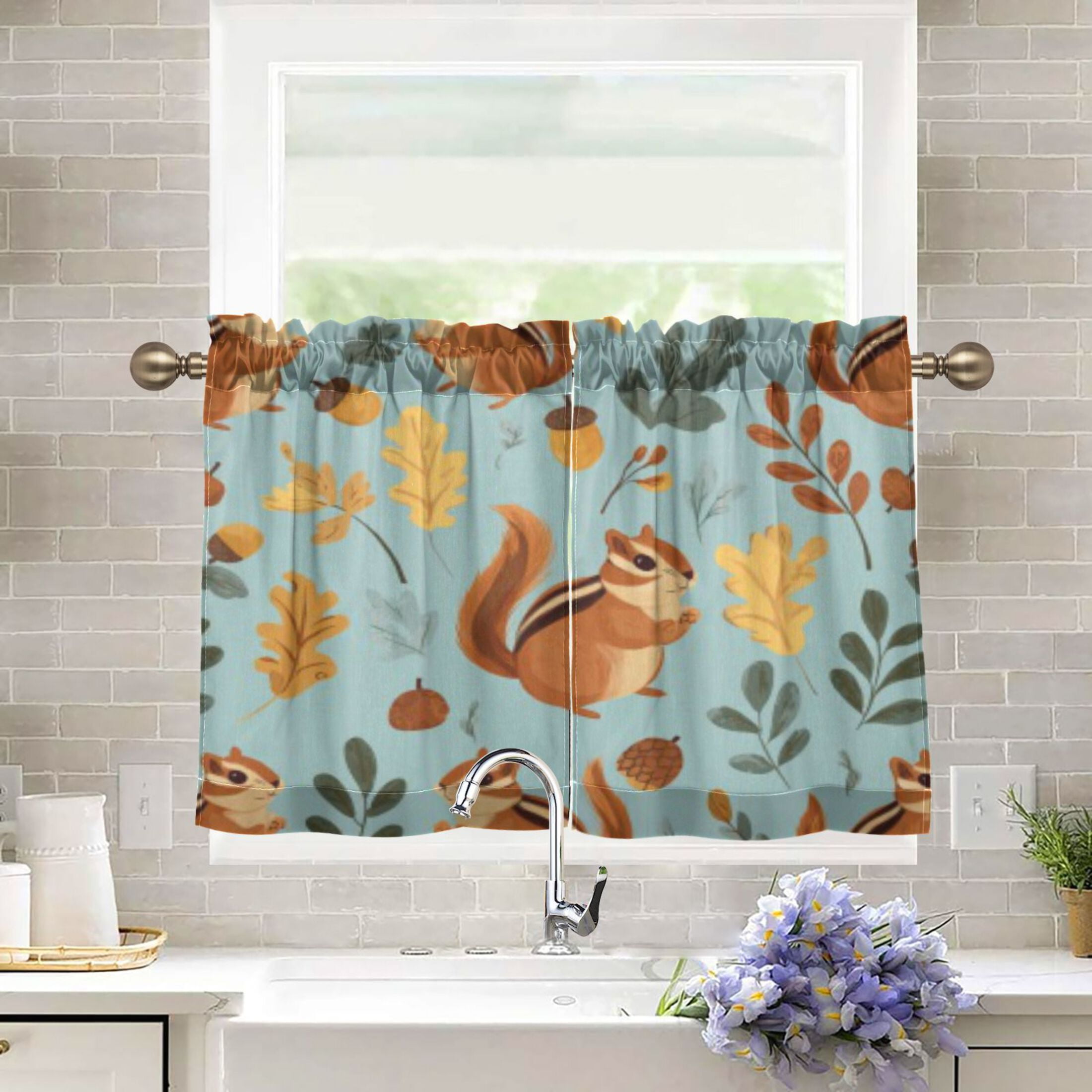 BZSMCE Set of 2 Pieces Kitchen Window Curtain Fashion Autumn Squirrel ...