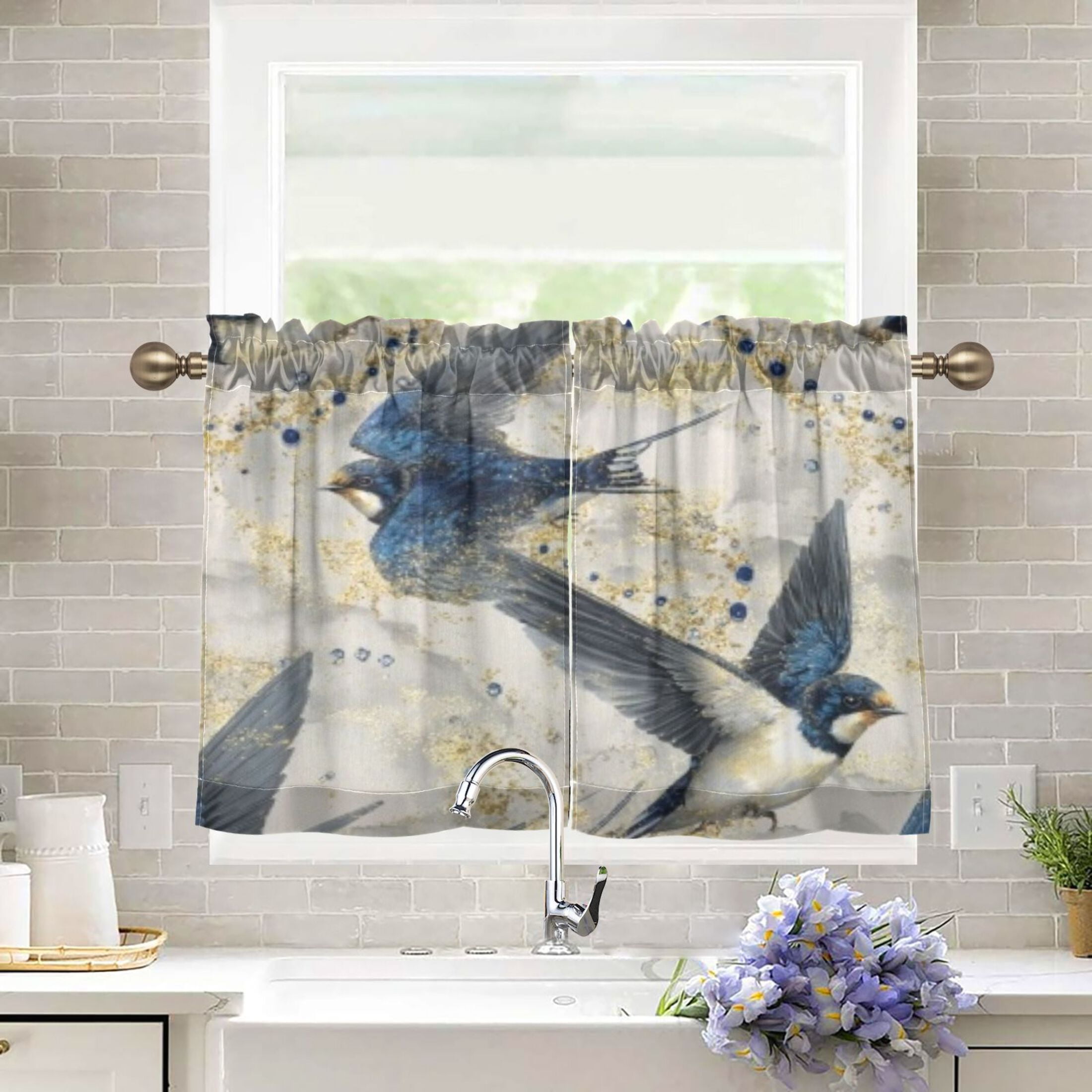BZSMCE Set of 2 Pieces Kitchen Window Curtain Fashion Azure Swallows ...