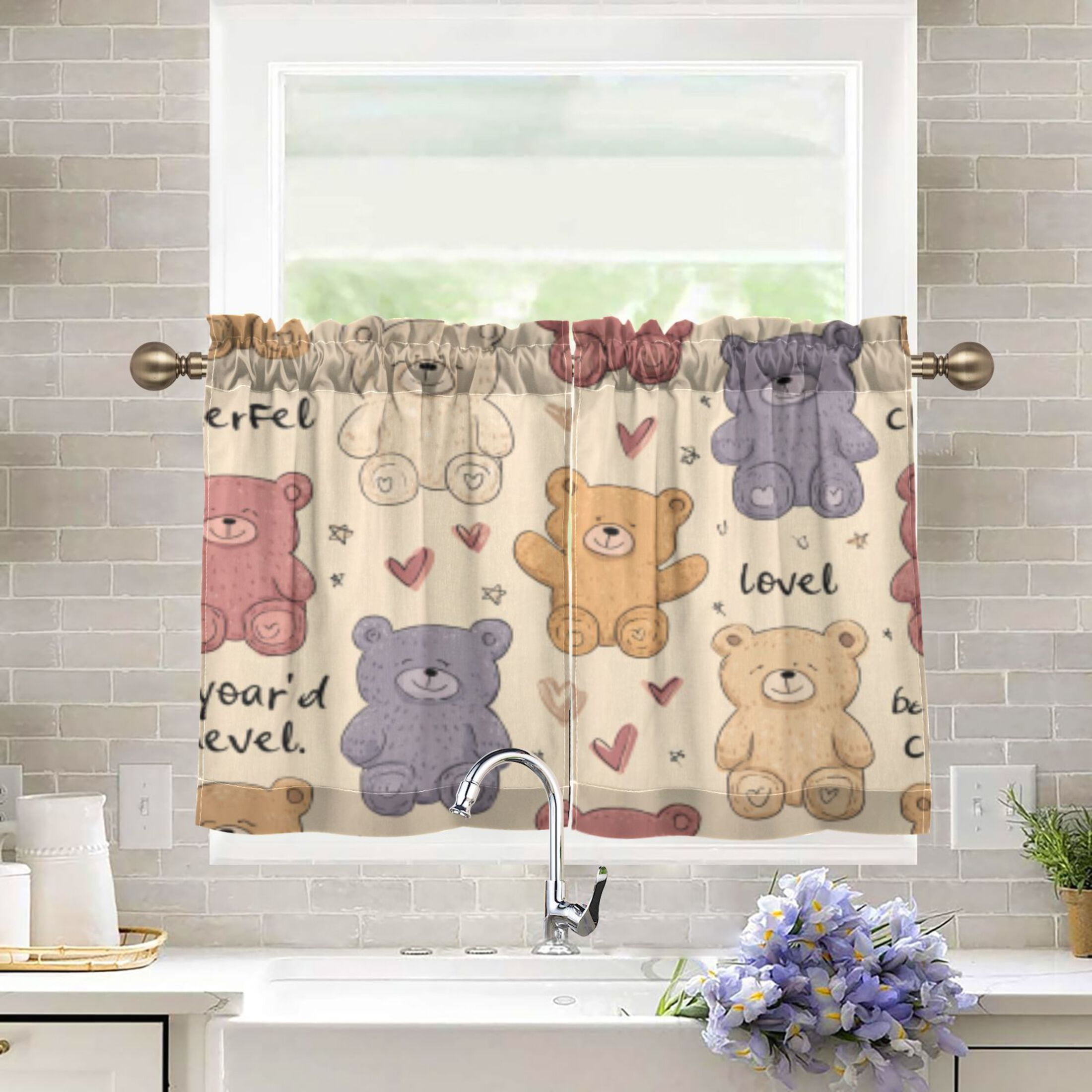 BZSMCE Set of 2 Pieces Kitchen Window Curtain Fashion Bear Heartbeat ...