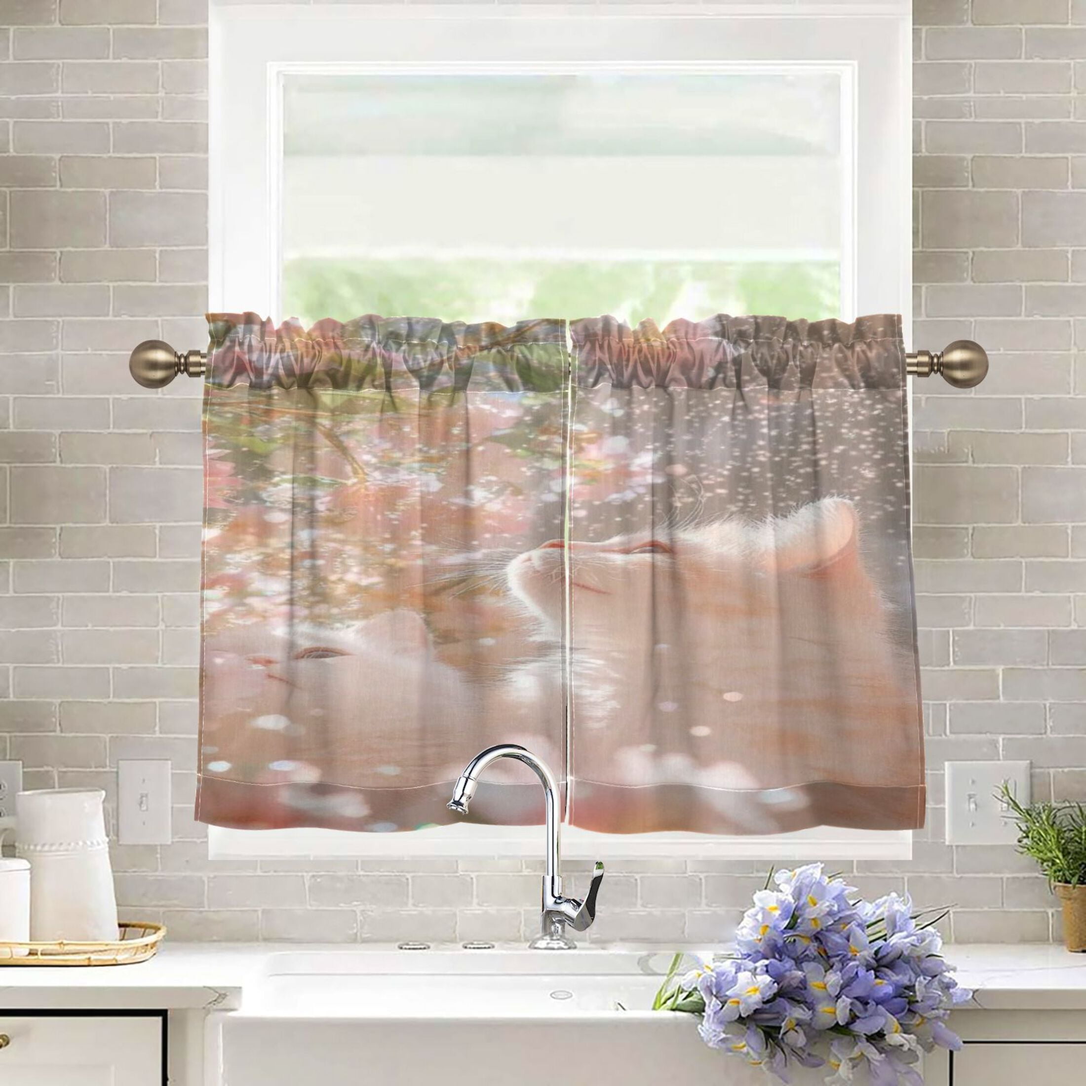 BZSMCE Set of 2 Pieces Kitchen Window Curtain Fashion Blossom Cats ...