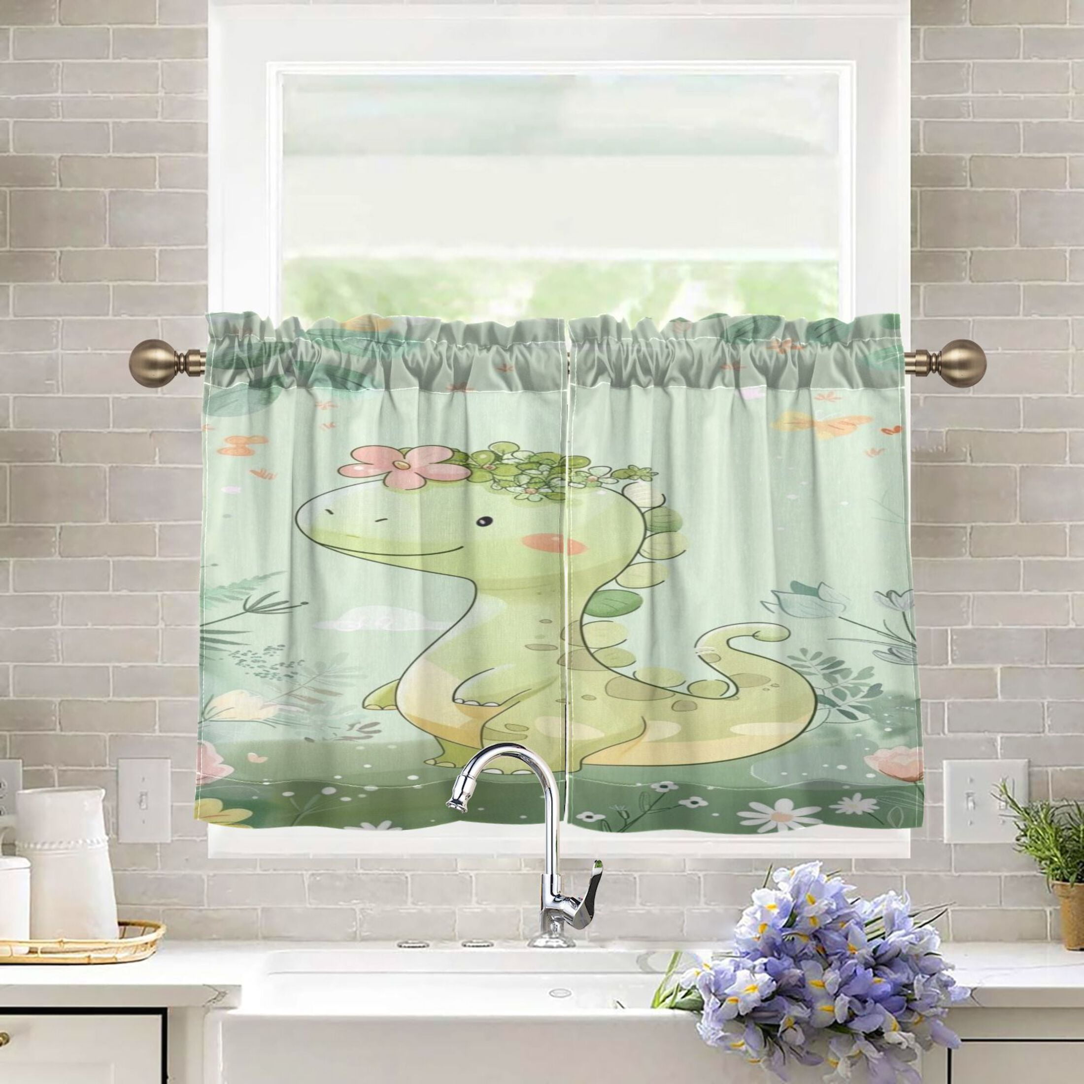 BZSMCE Set of 2 Pieces Kitchen Window Curtain Fashion Blossom Green ...