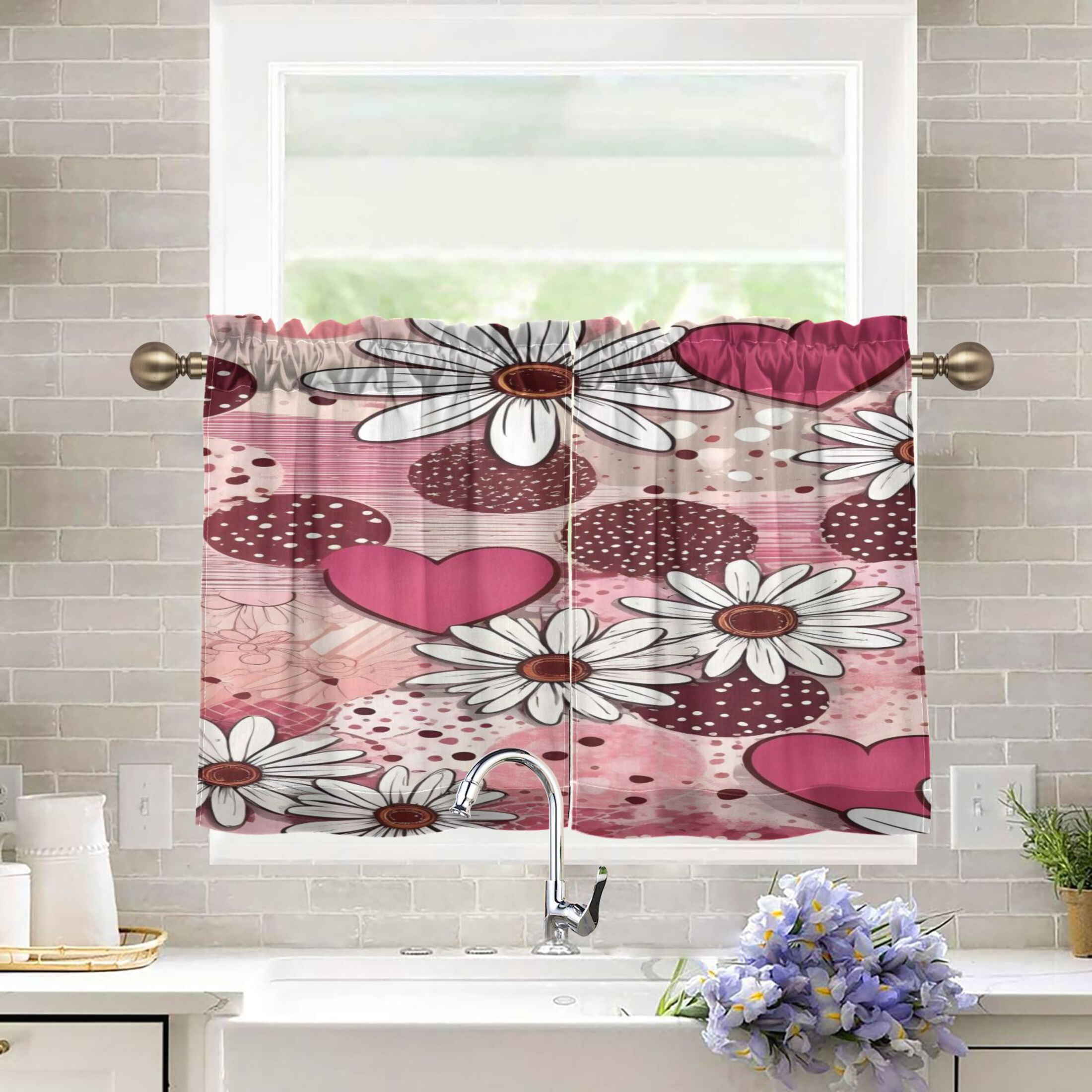 BZSMCE Set of 2 Pieces Kitchen Window Curtain Fashion Blossom Heart ...
