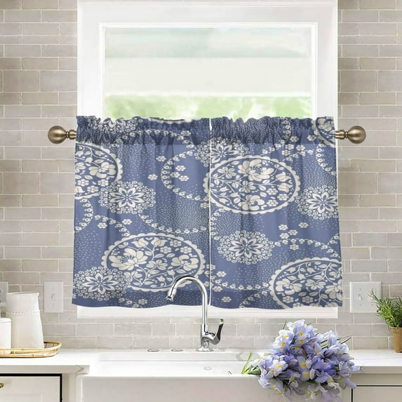 BZSMCE Set of 2 Pieces Kitchen Window Curtain Fashion Blue Lace Pattern ...