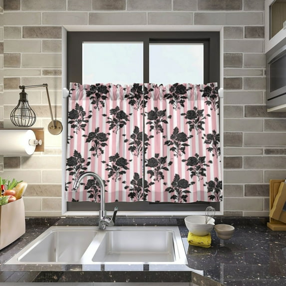 BZSMCE Set of 2 Pieces Kitchen Window Curtain Fashion Bold Black Rose ...