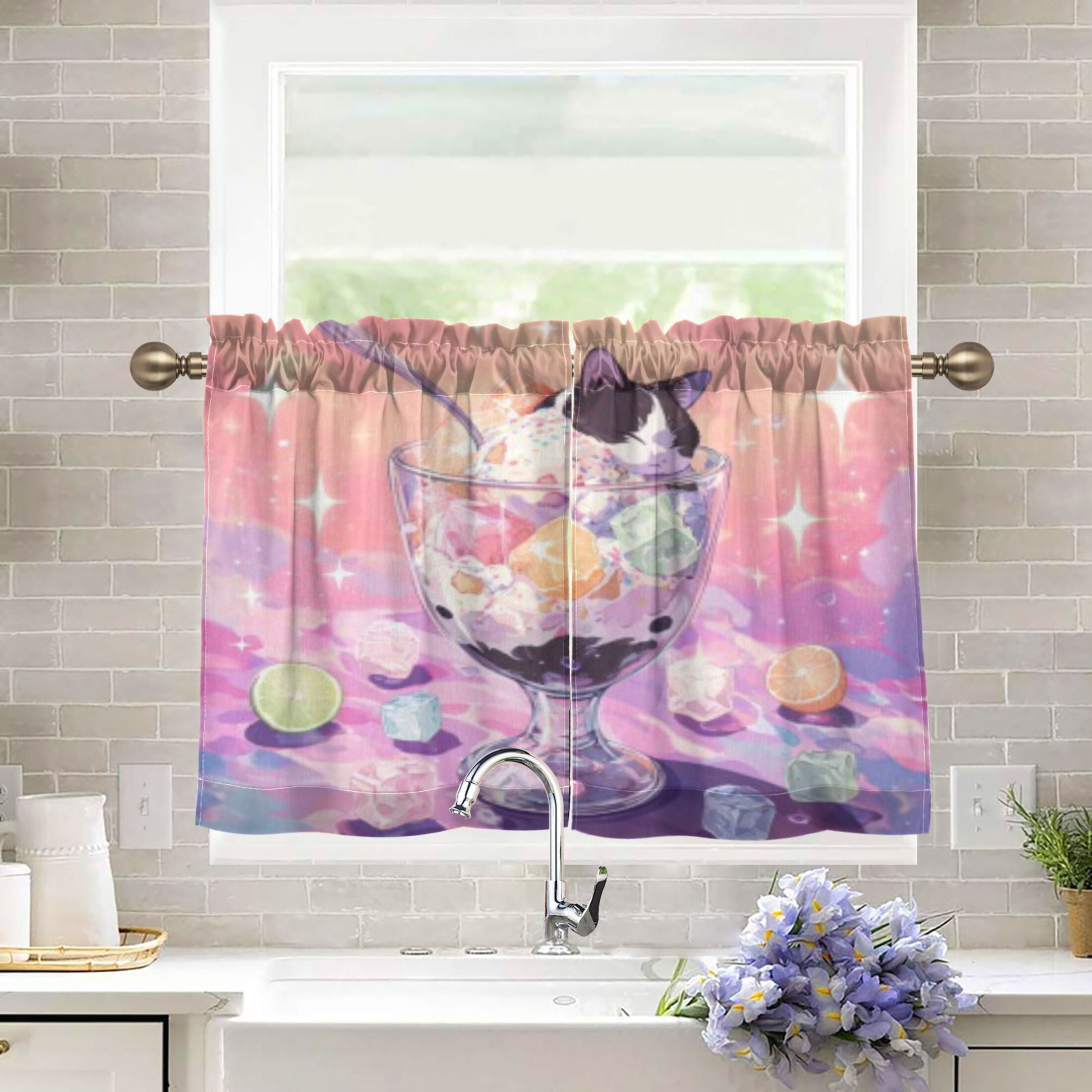 BZSMCE Set of 2 Pieces Kitchen Window Curtain Fashion Cat Dessert ...
